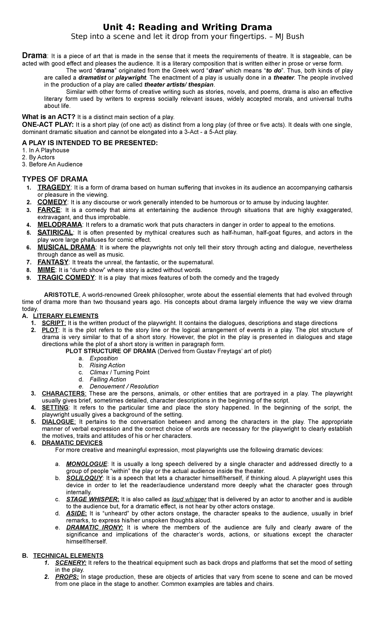 UNIT-4- Drama - Lecture notes 4 - Unit 4: Reading and Writing Drama ...