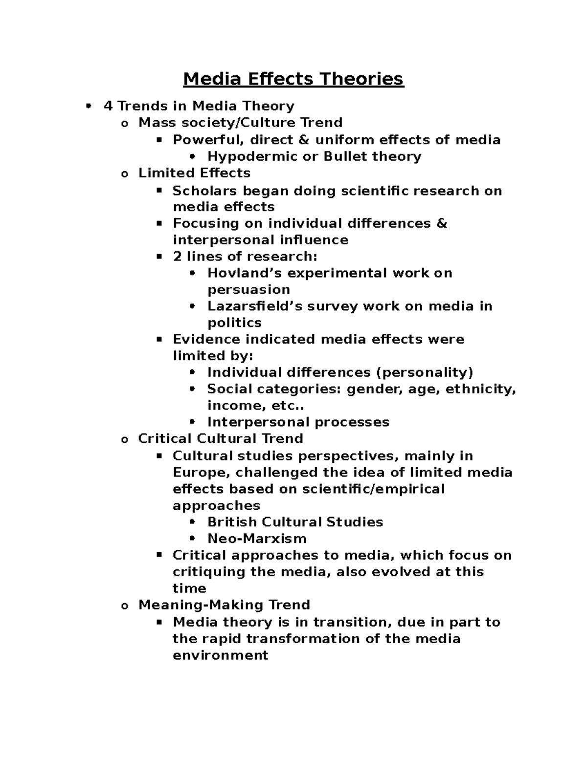 Media Effects Theories - . Interpersonal processes o Critical Cultural ...