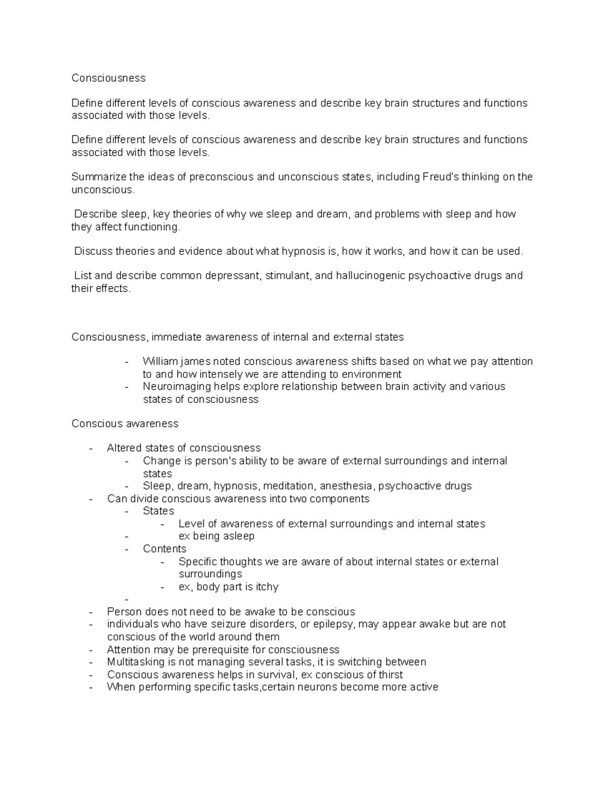 Psych 100 chapter 6 - Consciousness Define different levels of ...