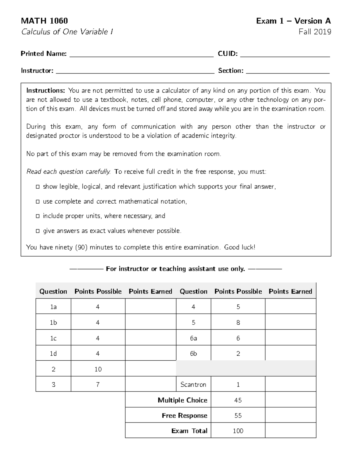 Math1060-fall2019-exam1 - MATH 1060 Exam 1 – Version A Calculus of One ...