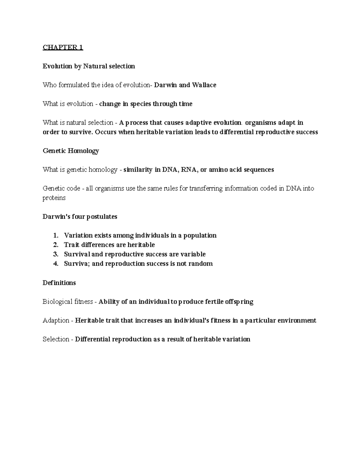 Bio quiz 1 - review - CHAPTER 1 Evolution by Natural selection Who ...