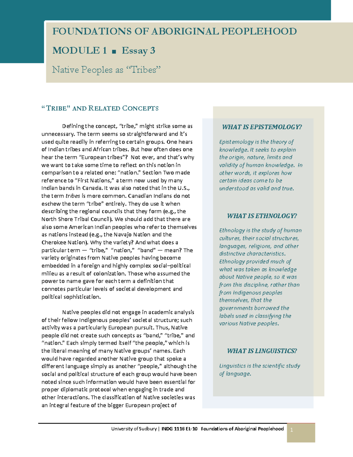 INDG1116 Module 1 Essay 3 - University of Sudbury | INDG 1116 EL-10 ...