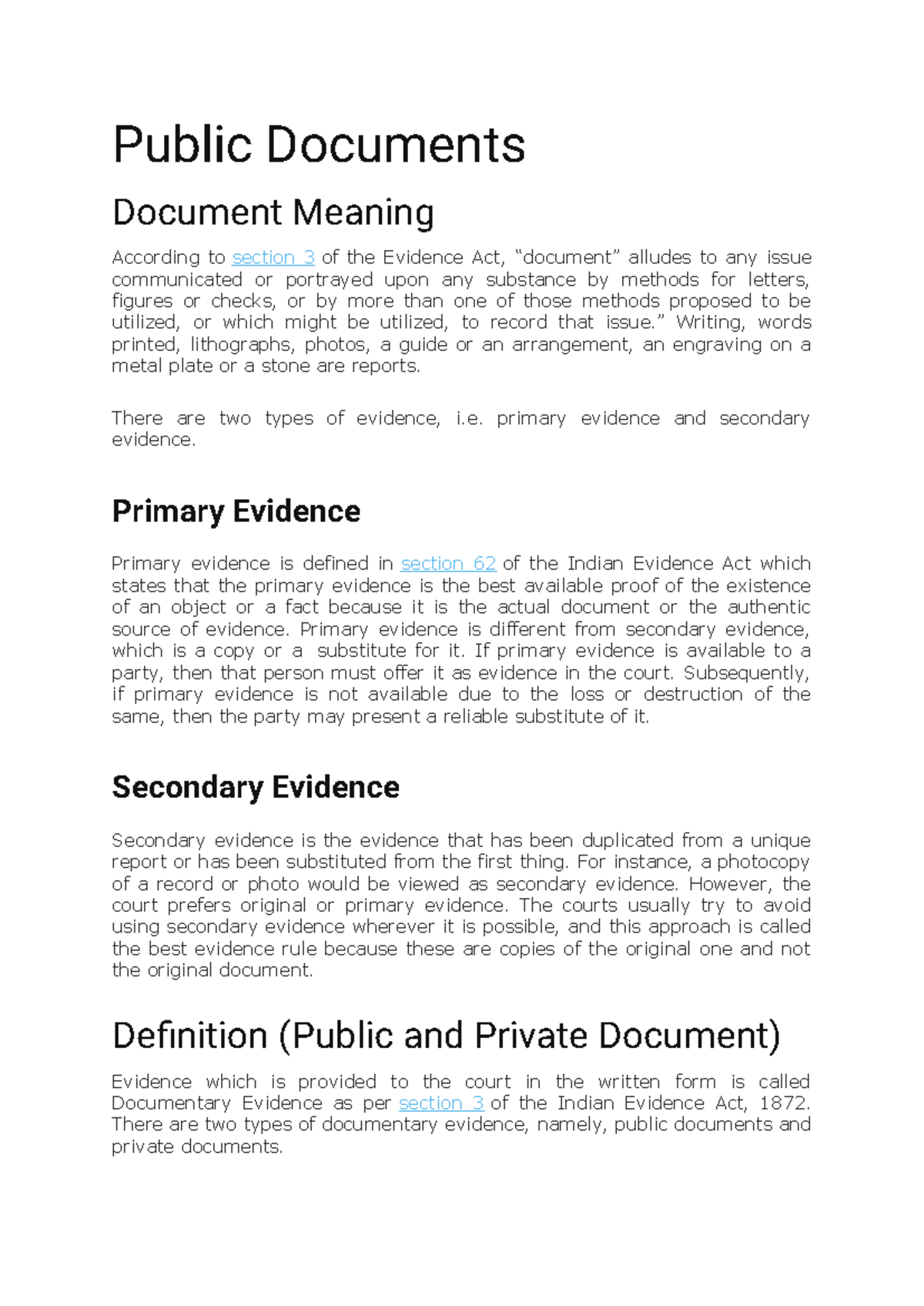 Evidence Law Assignment - Public Documents Document Meaning According to section 3 of the ...