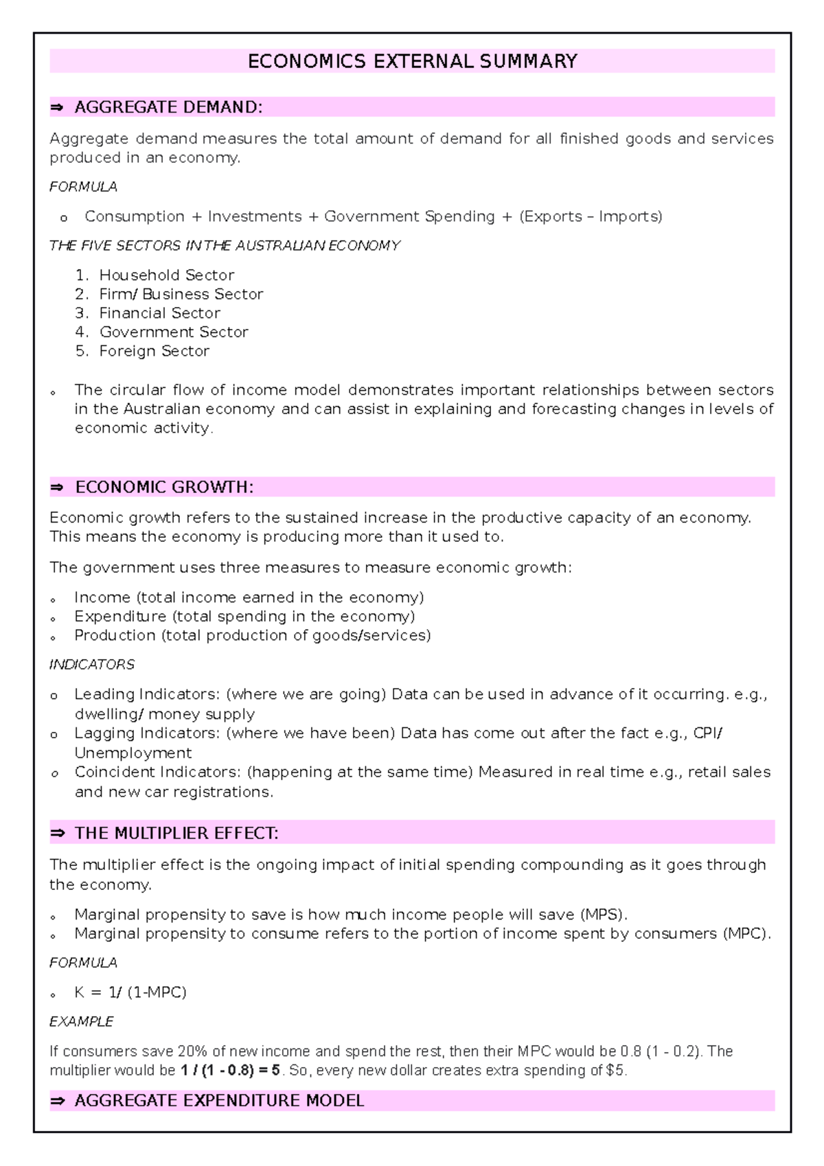 Economics External Summary - ECONOMICS EXTERNAL SUMMARY AGGREGATE ...