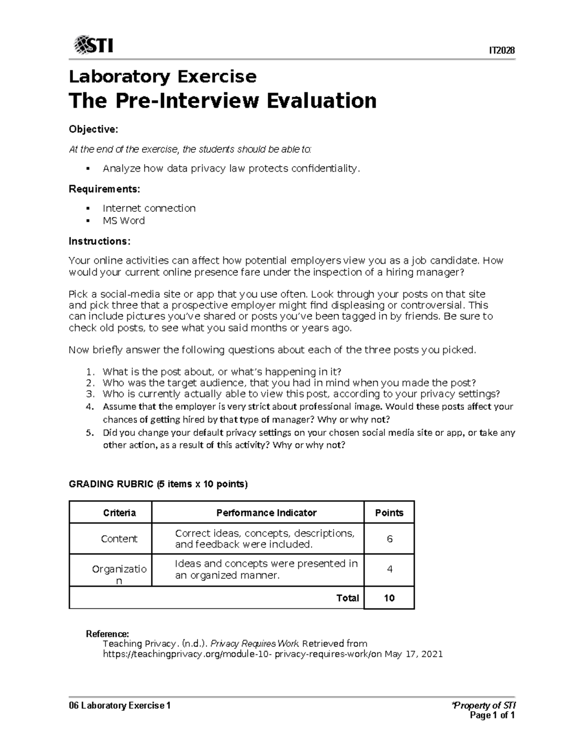 06 Laboratory Exercise 1 - IT Laboratory Exercise The Pre-Interview ...