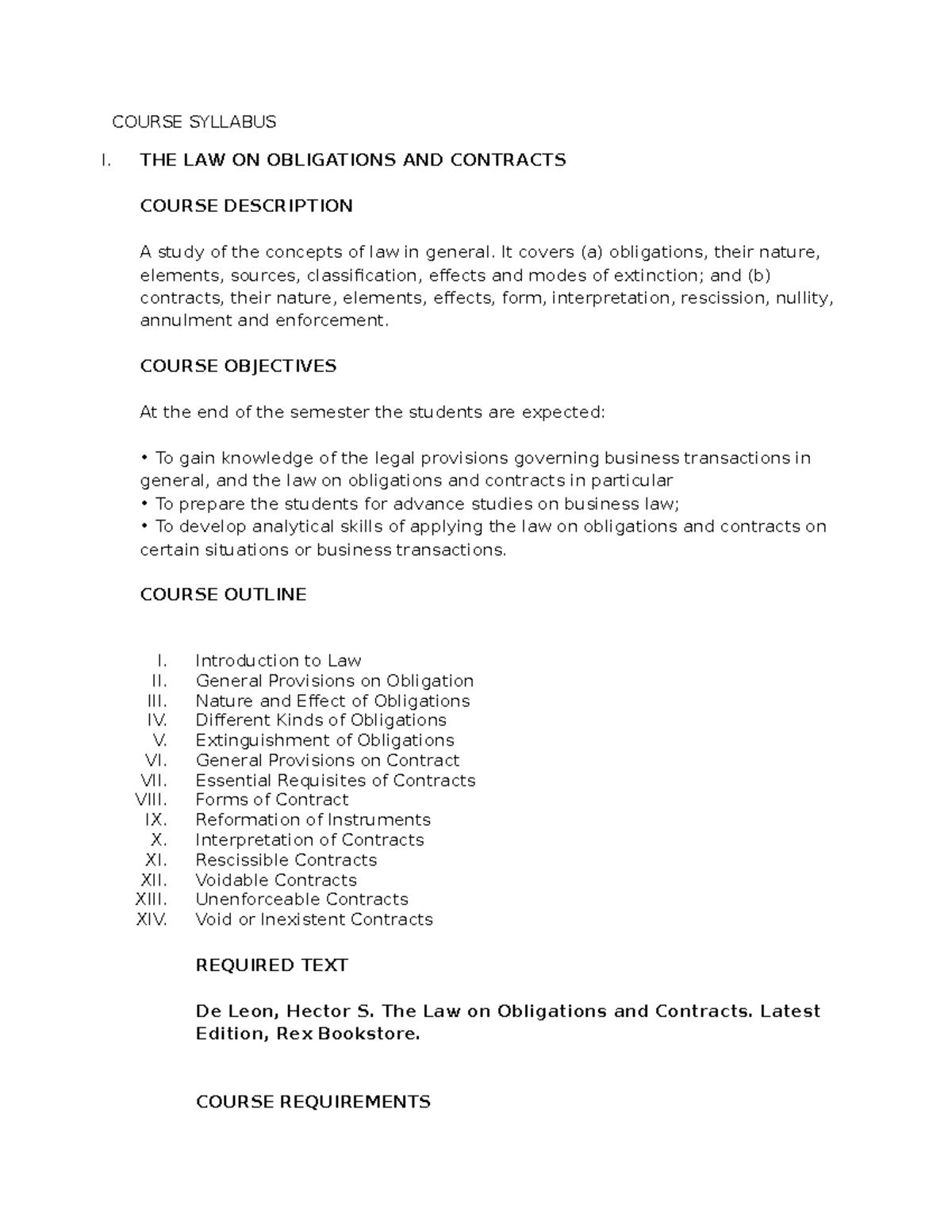 269176177 Course Syllabus Obligations and Contracts - Accountancy - Studocu