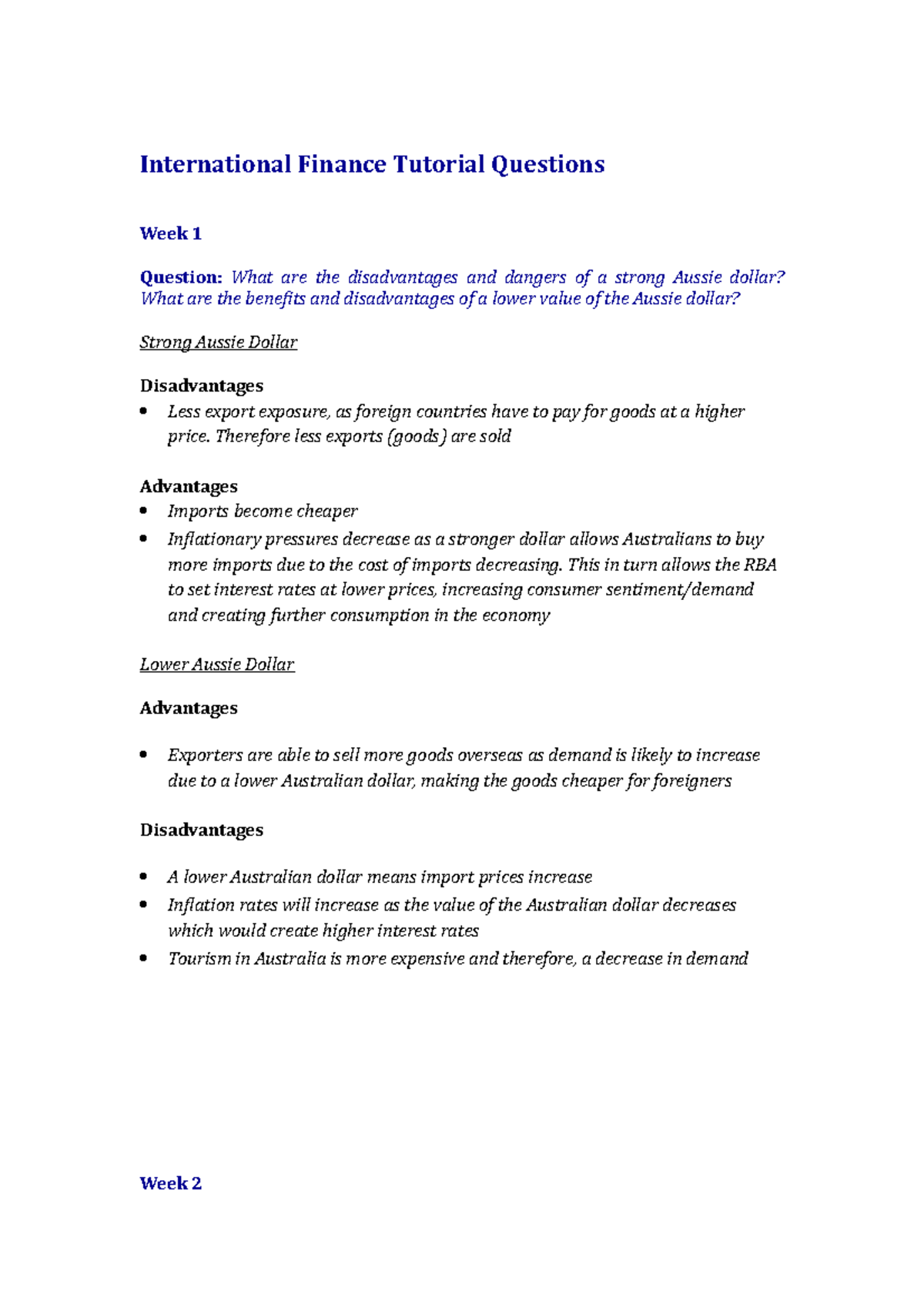 International Finance Tutorial Questions - Therefore less exports ...