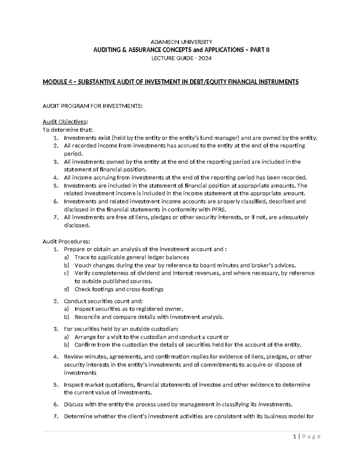 Module 4 - Substantive Audit of Investment in Debt & Equity Financial ...