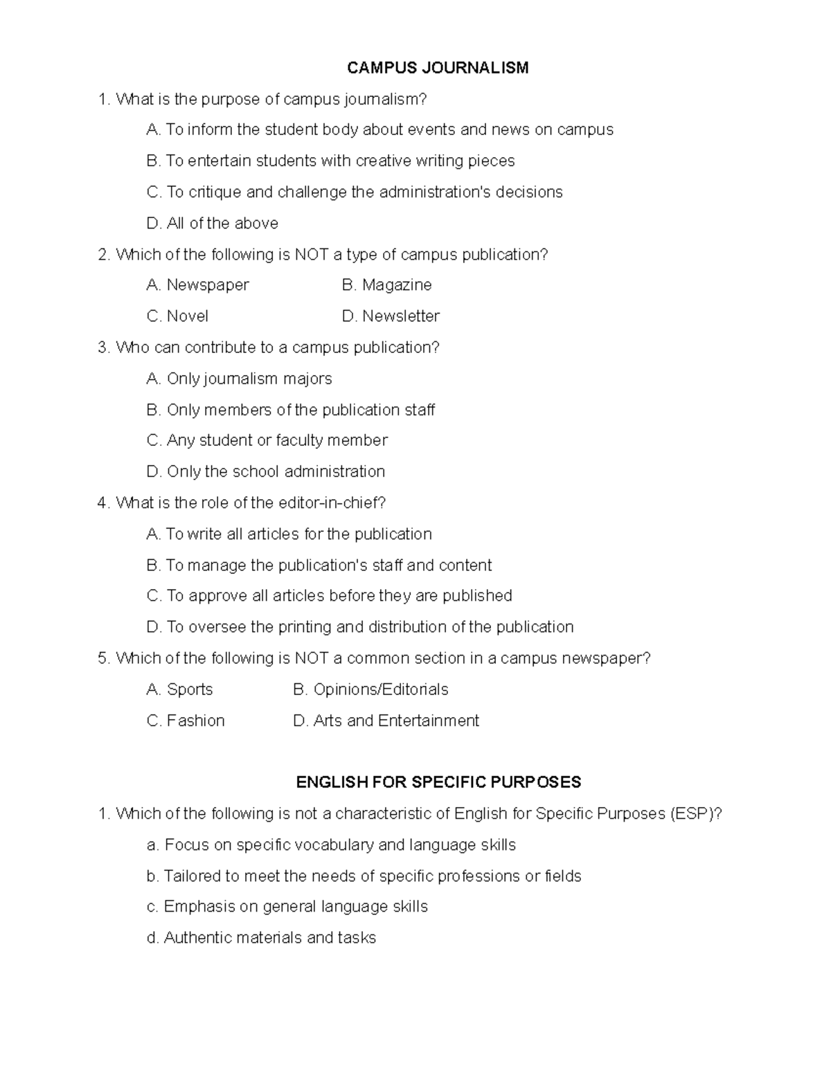 LET Reviewer - CAMPUS JOURNALISM What is the purpose of campus ...