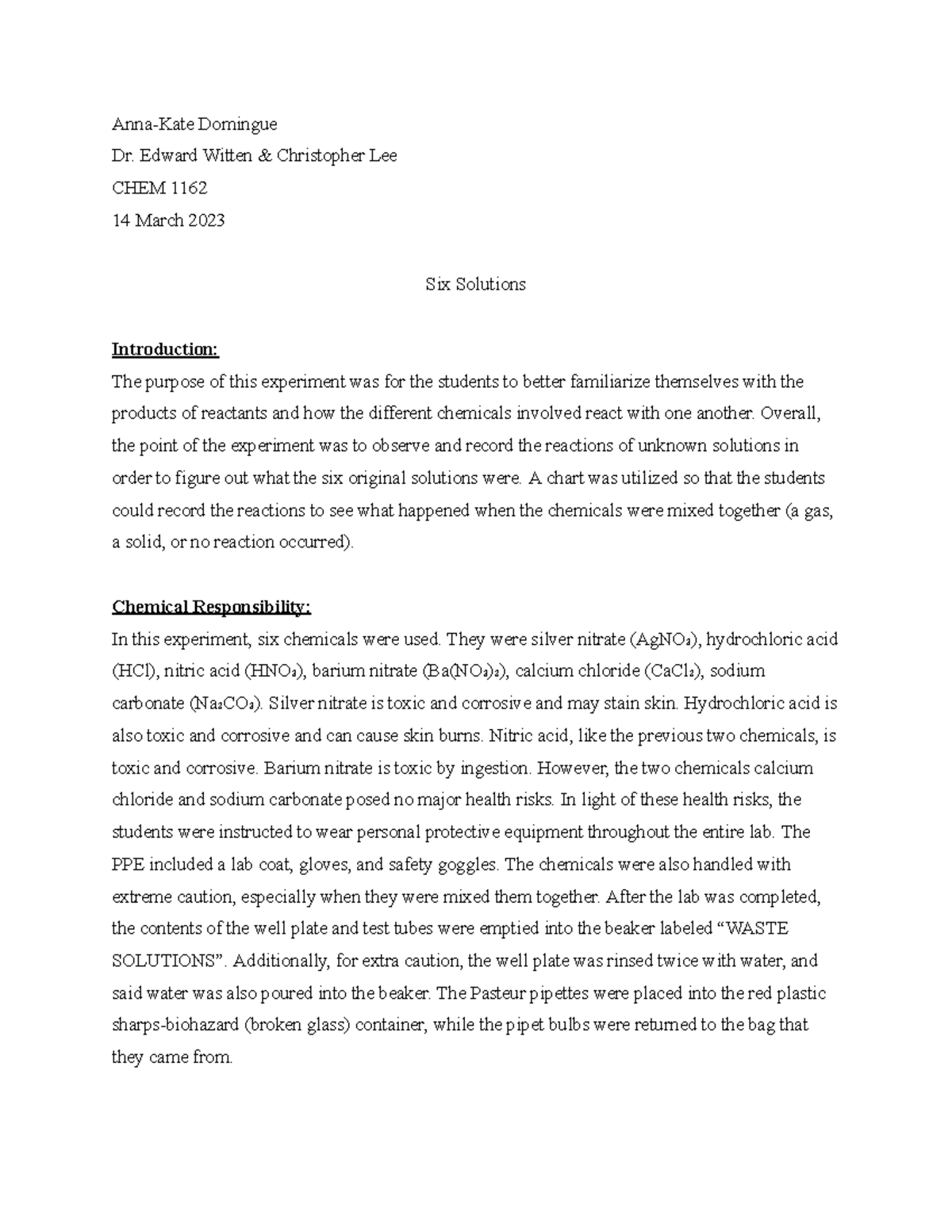 Six Solutions Lab Report - Anna-Kate Domingue Dr. Edward Witten ...