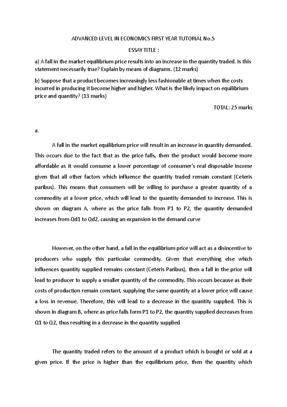 Advanced Level IN Economics First YEAR Tutorial 5 - ADVANCED LEVEL IN ...