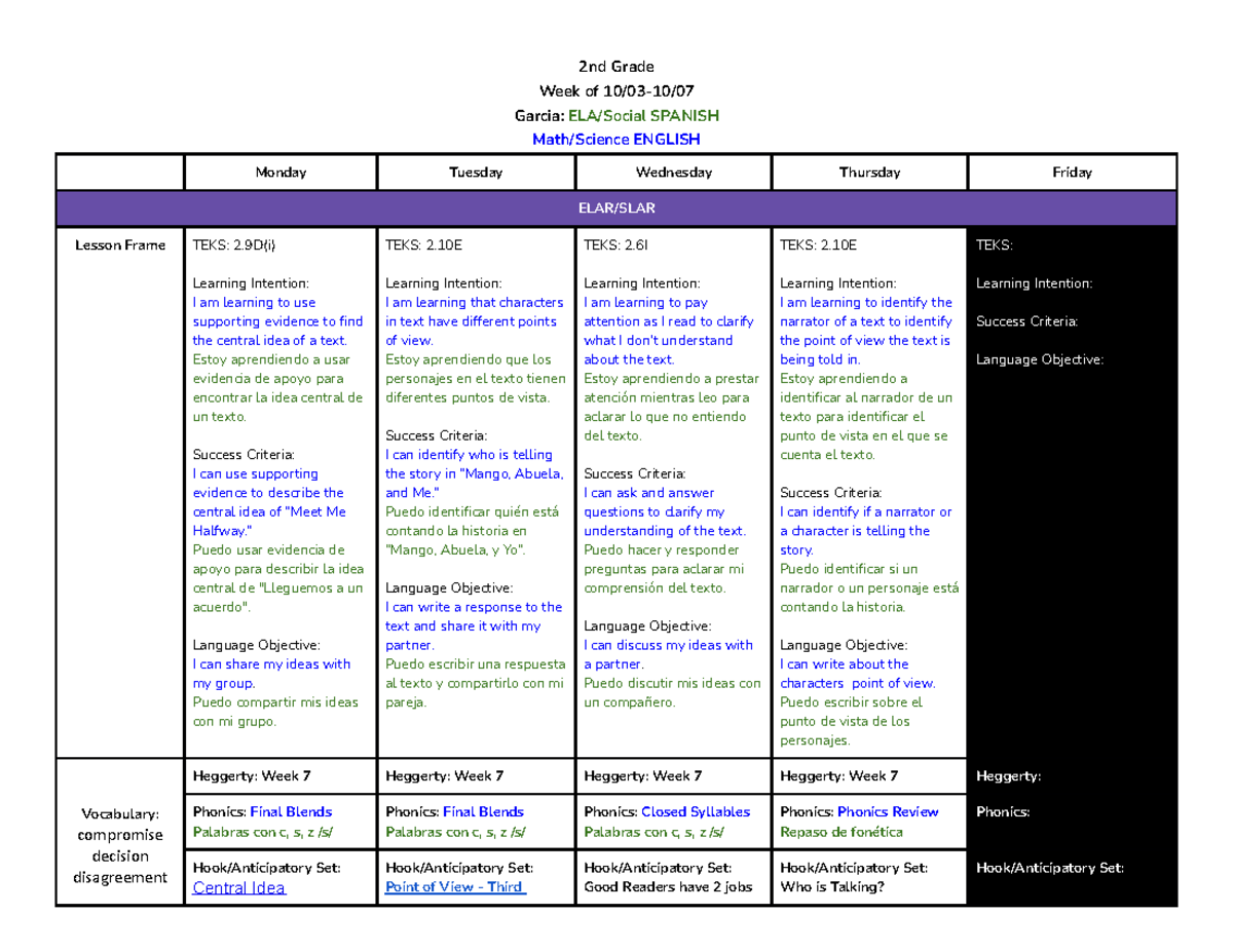 Lesson Plan Week 8 Oct. 3- Oct. 7 - 2nd Grade Week of 10/03-10/ Garcia ...