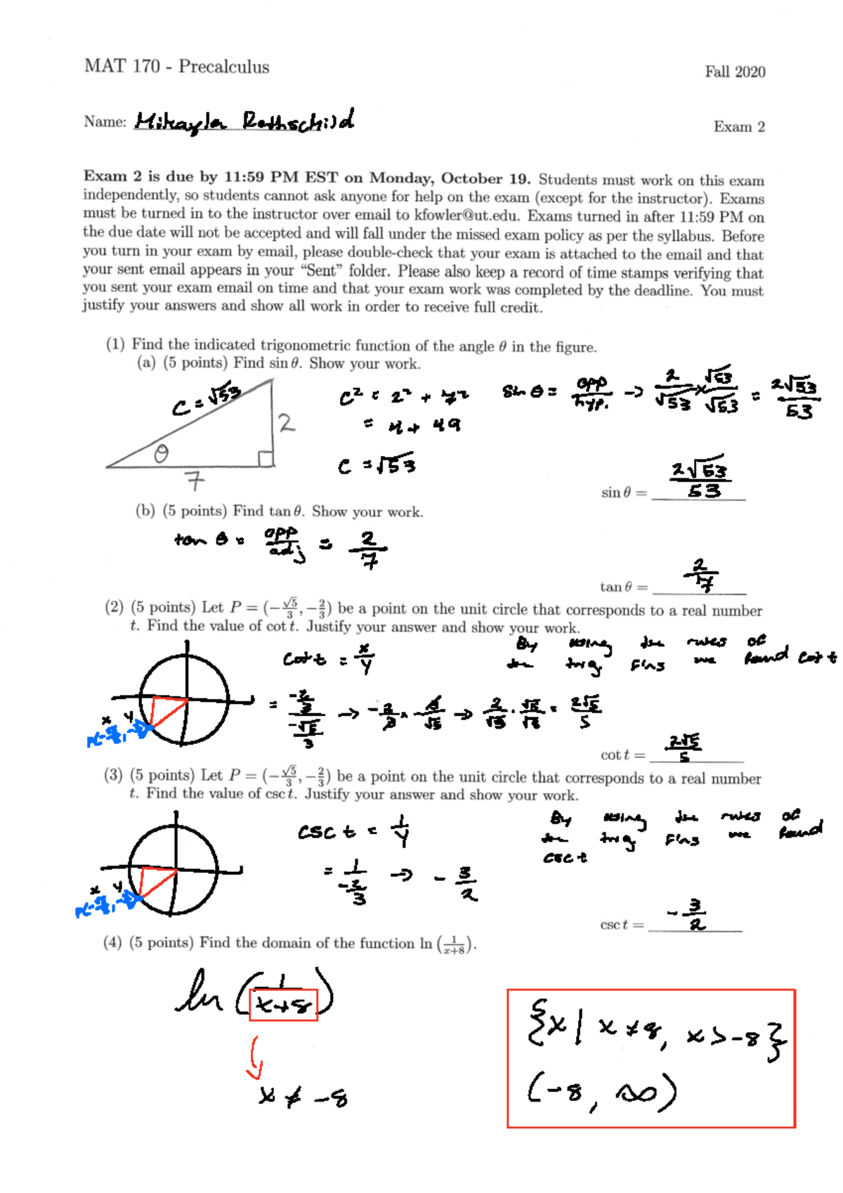 MAT 170 Fall 2020 Exam 2 scan - MAT 170 - Studocu