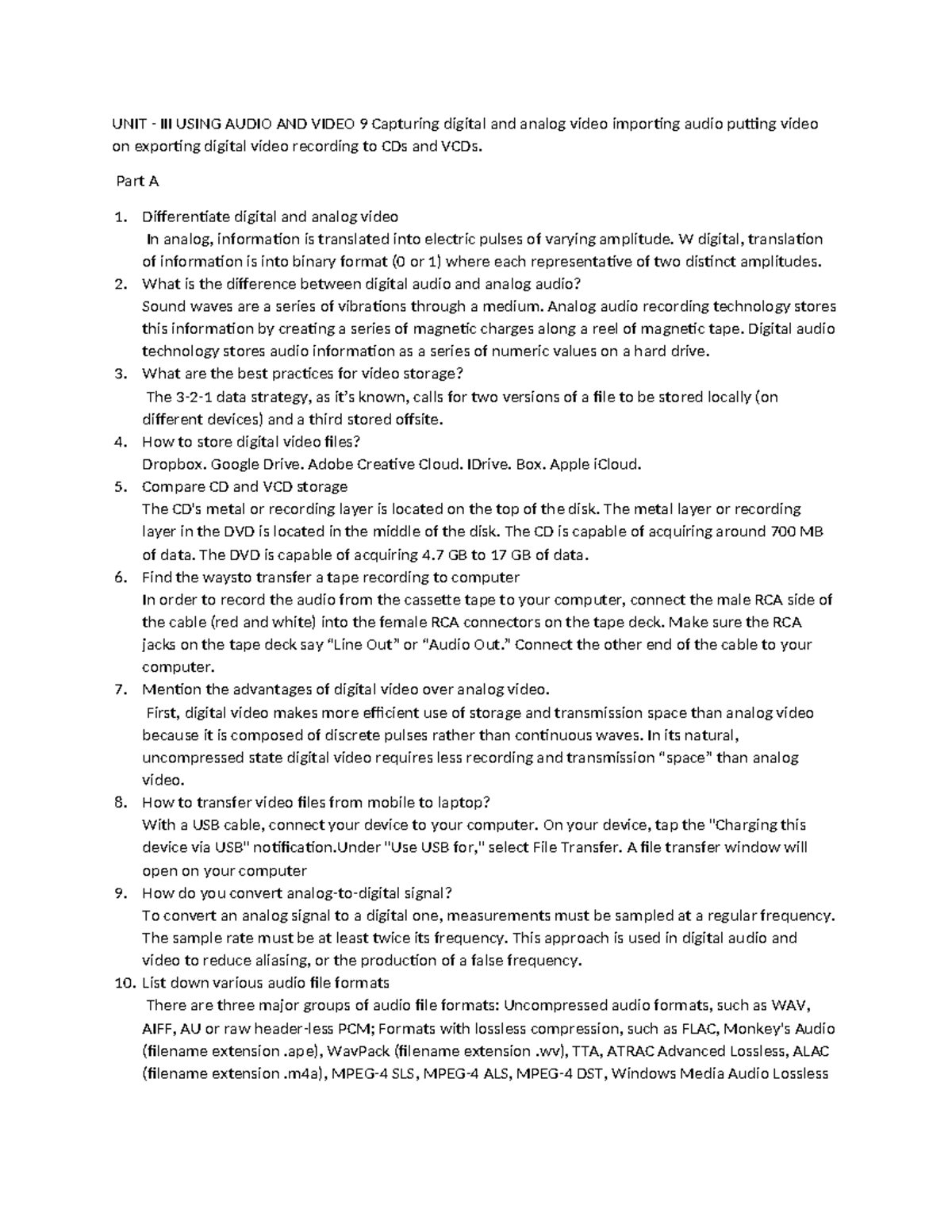 Unit 3 and 4 question bank - UNIT - III USING AUDIO AND VIDEO 9 Capturing digital and analog ...