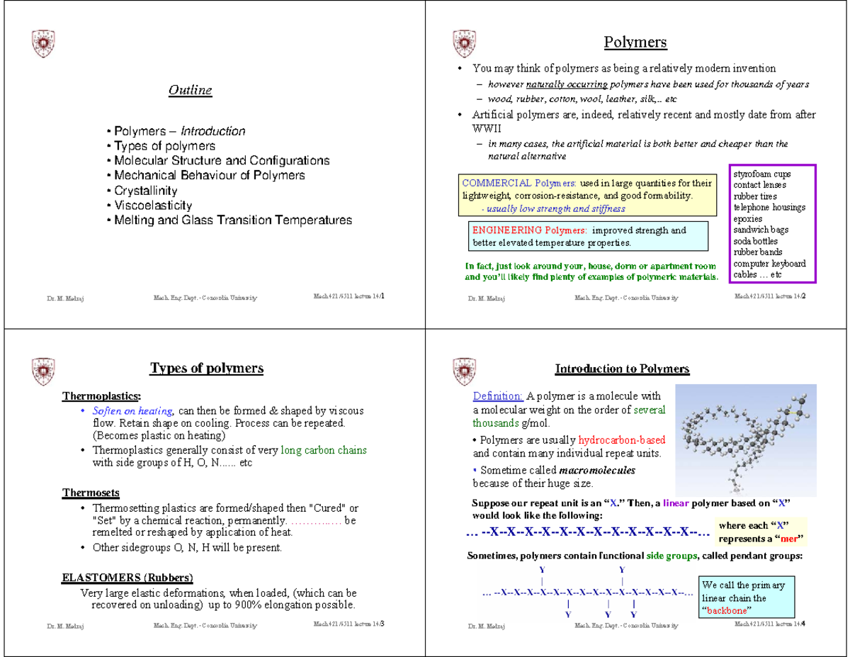 Lecture 14 plastics introduction MECH 421 - Dr. M. Medraj Mech. Eng ...
