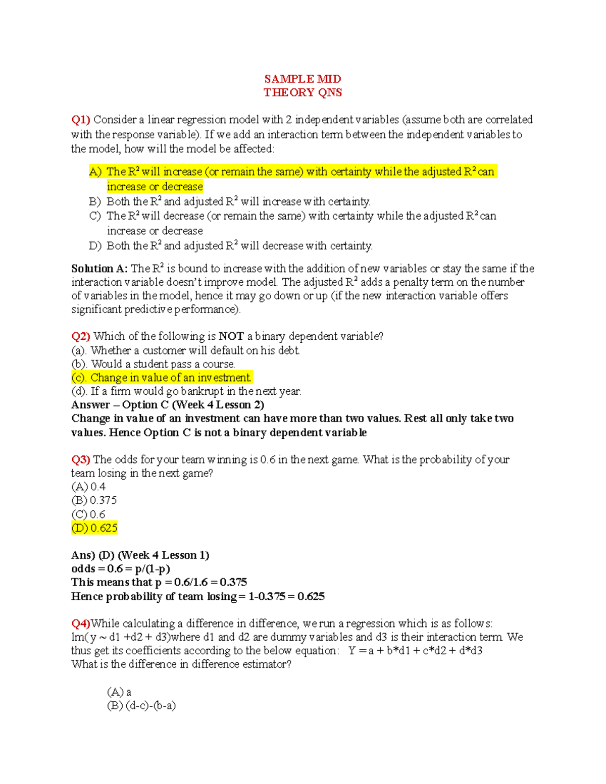 Sample MID Solutions - SAMPLE MID THEORY QNS Q1) Consider a linear regression model with 2 - Studocu