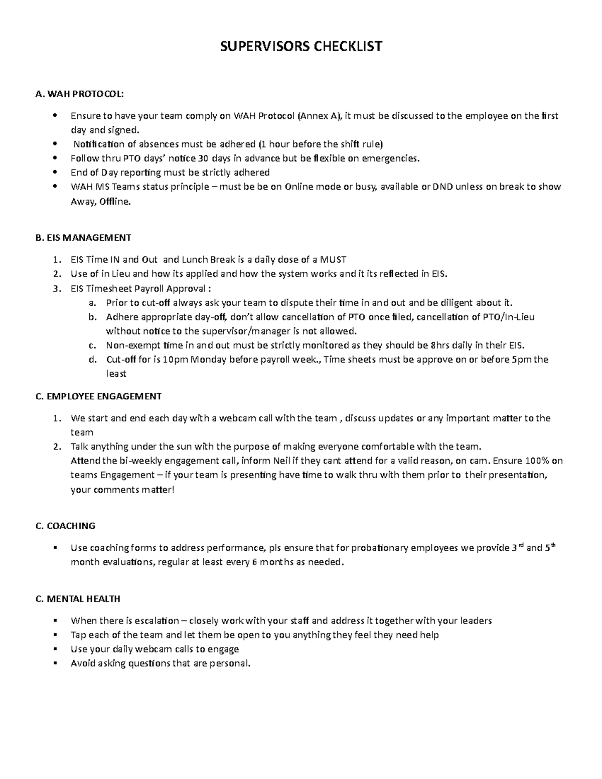 Supervisors Checklist 101 - SUPERVISORS CHECKLIST A. WAH PROTOCOL ...