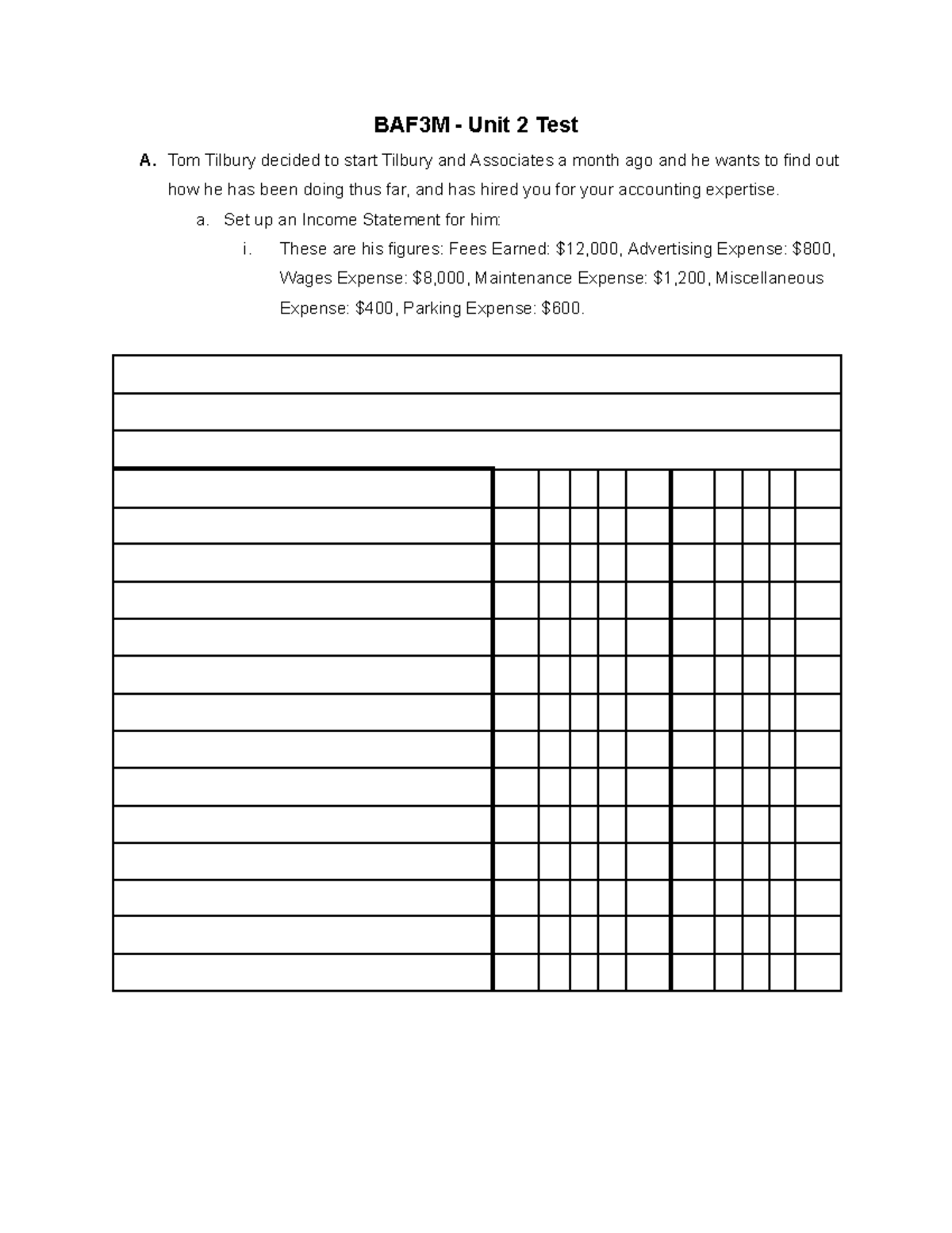 BAF3M - Accounting Unit 2 Practice Test - BAF3M - Unit 2 Test A. Tom ...