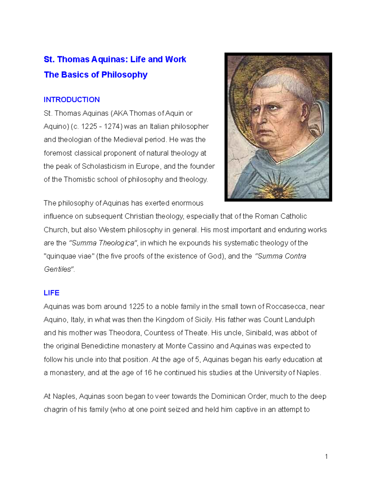 St. Thomas Aquinas Life and Work with questions - St. Thomas Aquinas ...