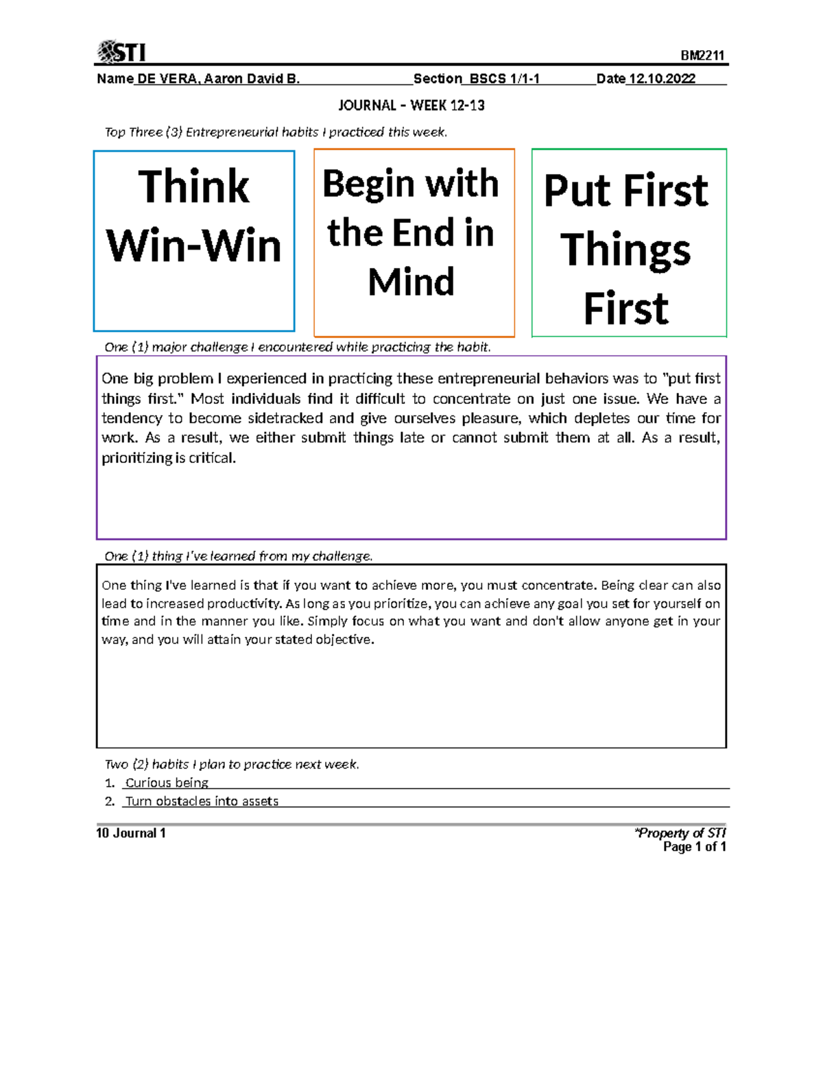 10 Journal 1 - Entrep - Name DE VERA, Aaron David B. Section BSCS 1/1-1 Date 12. JOURNAL – WEEK ...