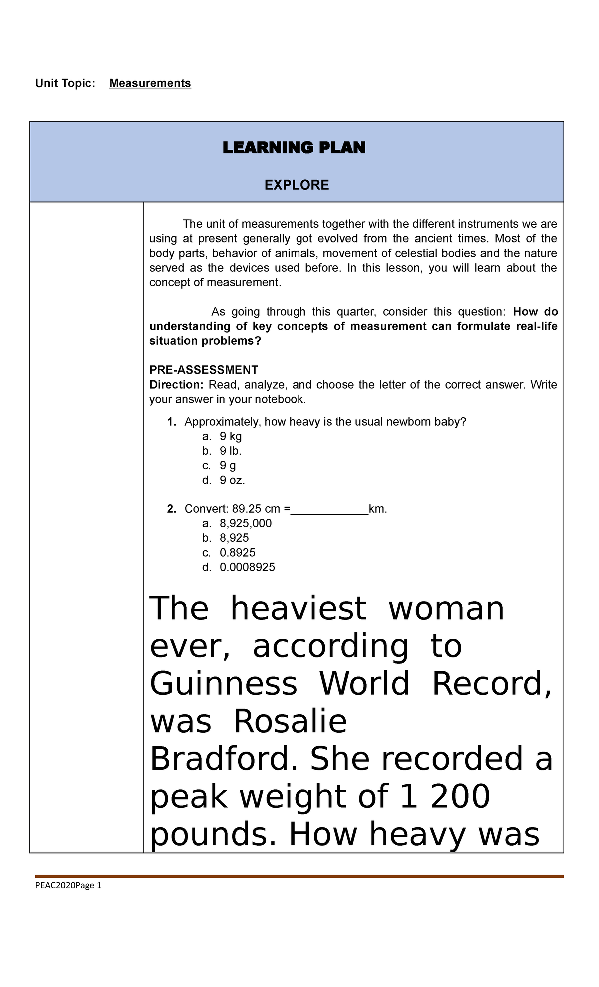 2nd Quarter math 7 Learning Plan - Unit Topic: Measurements LEARNING ...