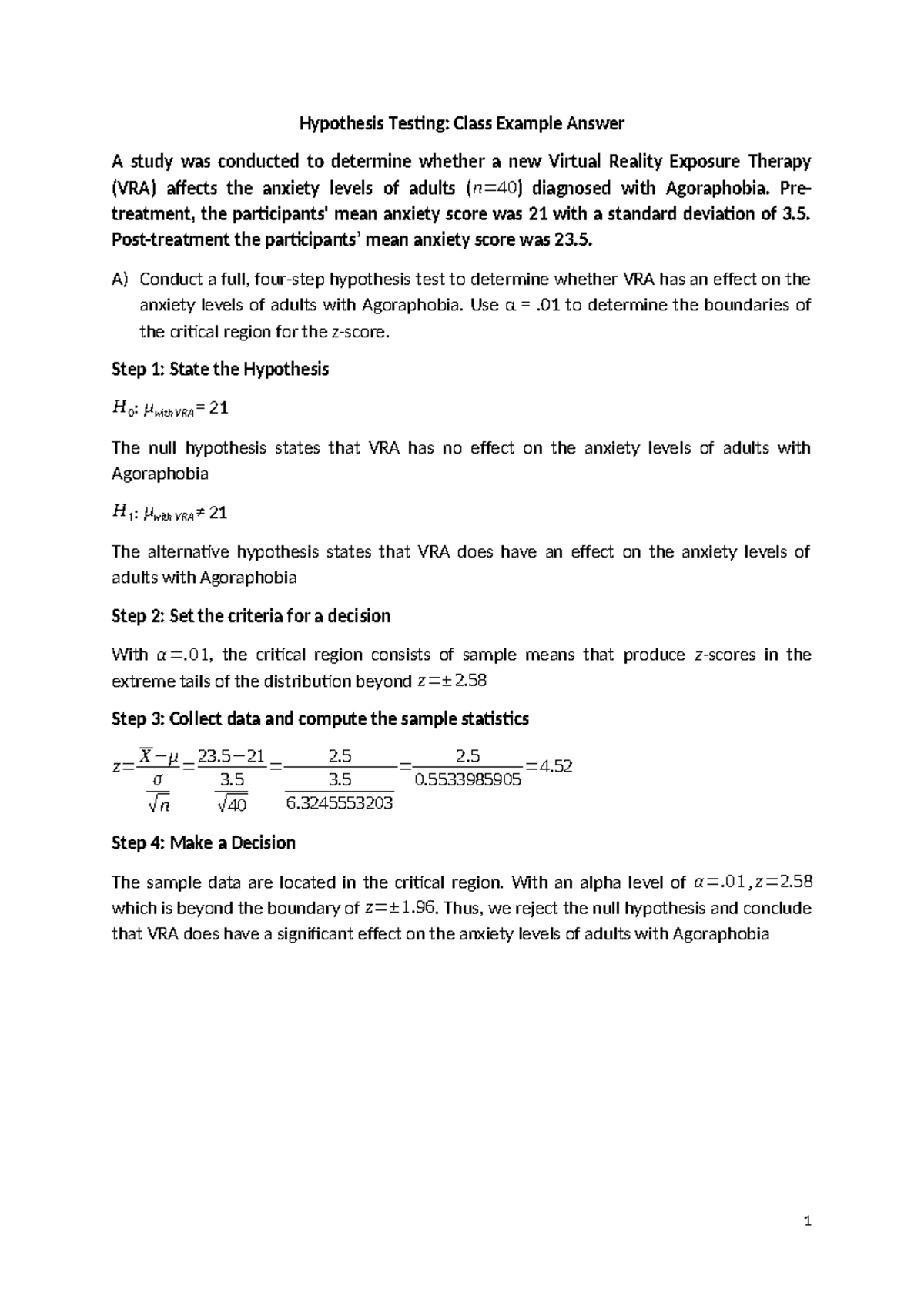 Hypothesis Test Class Example Answer - Pre- treatment, the participants ...