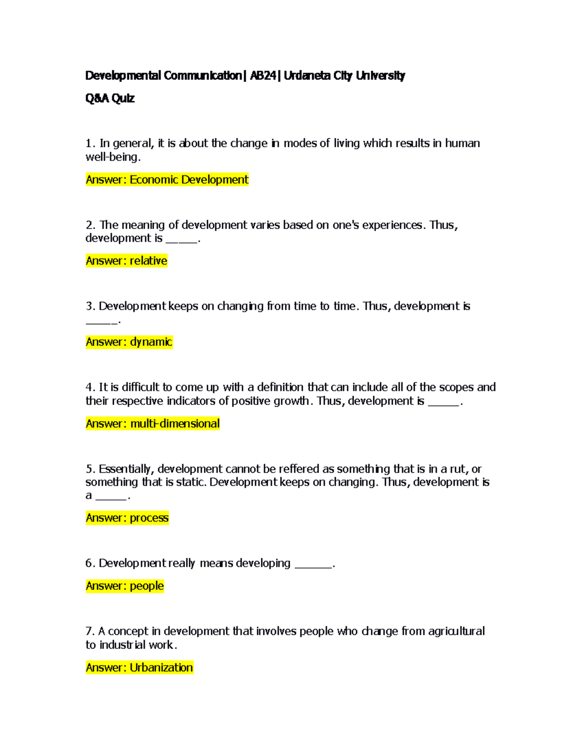 Development Communication QUIZ - Developmental Communication| AB 24 ...