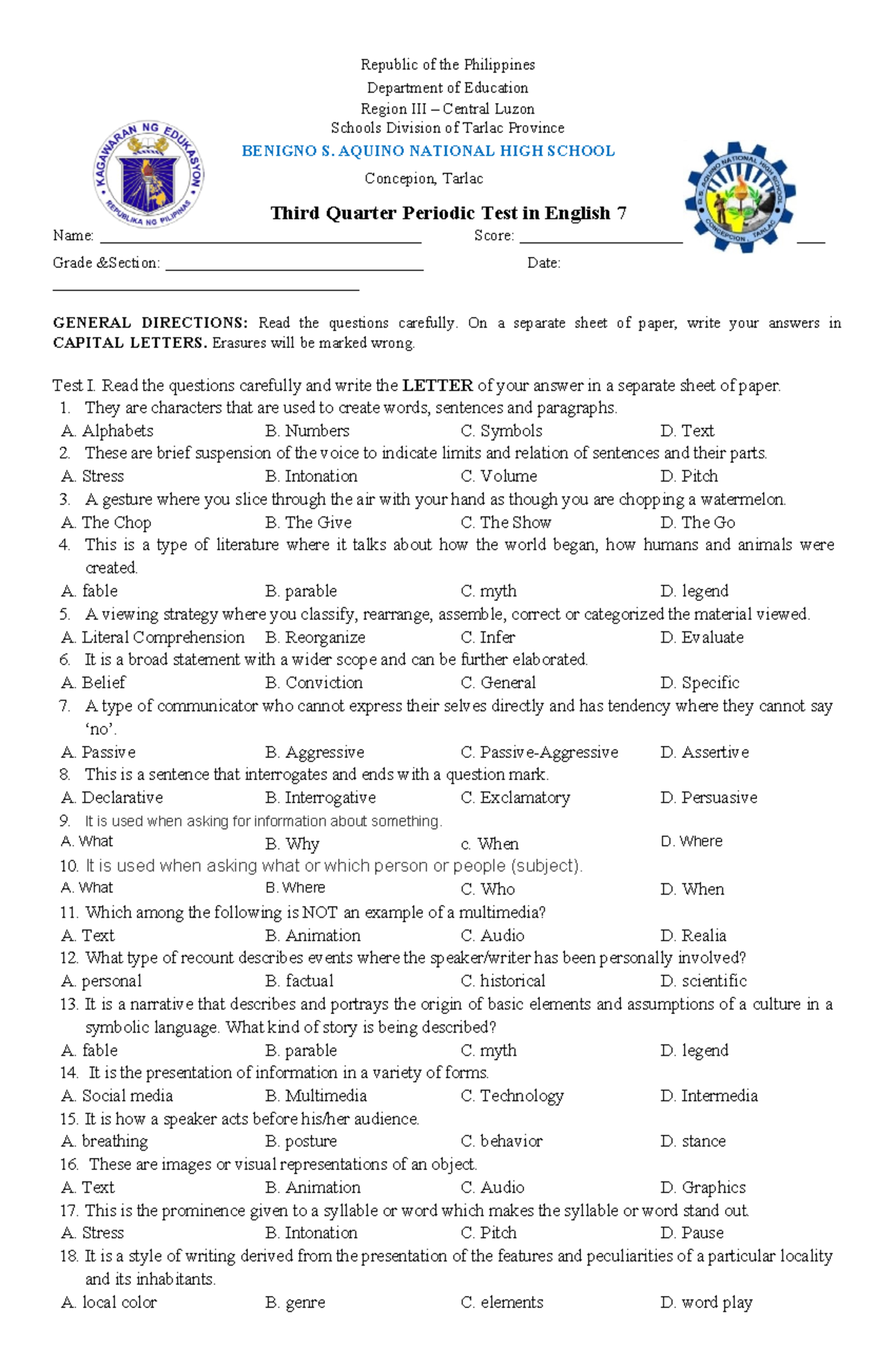 Third Quarter Periodic Test 1 - Republic of the Philippines Department ...