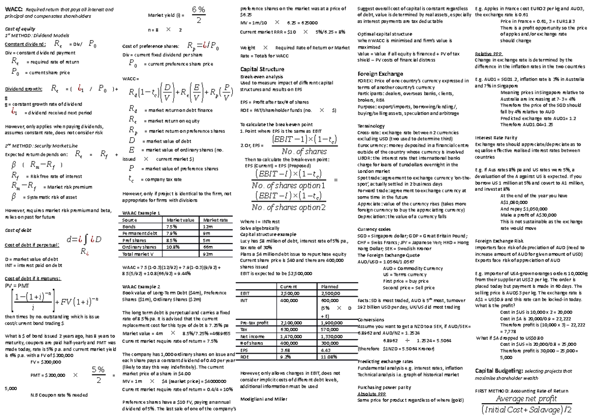 Final cheat sheet for finance - WACC: Required return that pays all interest and principal and ...