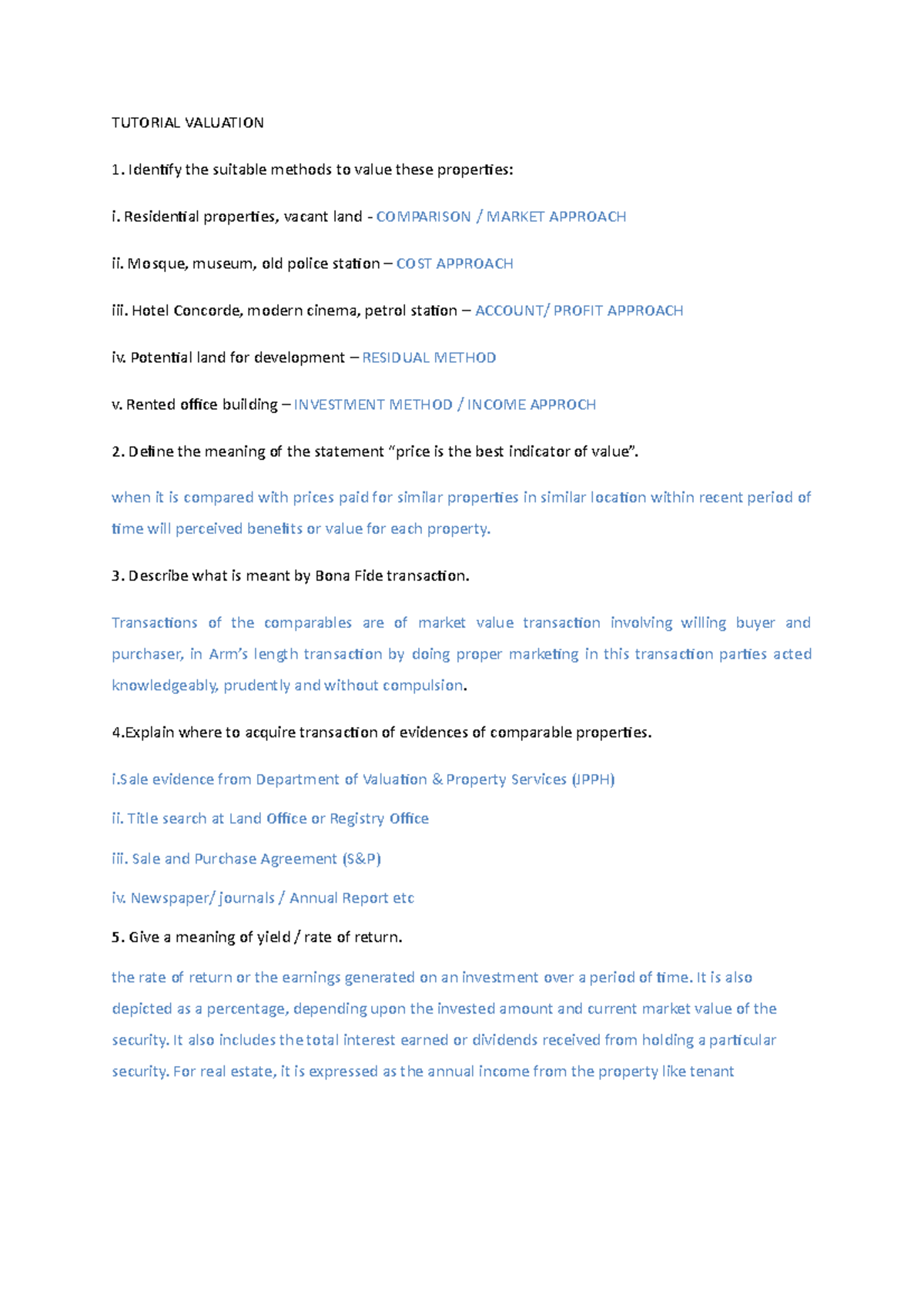 Tutorial Valuation - TUTORIAL VALUATION Identify the suitable methods ...