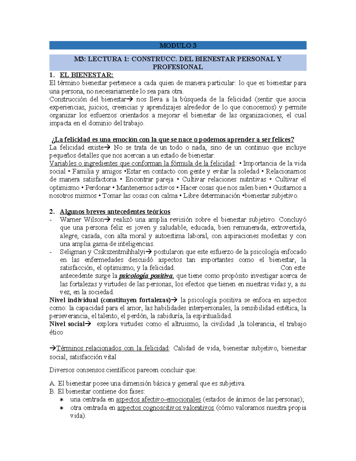 Resumen M3 Y M4 - MODULO 3 M3: LECTURA 1: CONSTRUCC. DEL BIENESTAR PERSONAL Y PROFESIONAL 1. EL ...