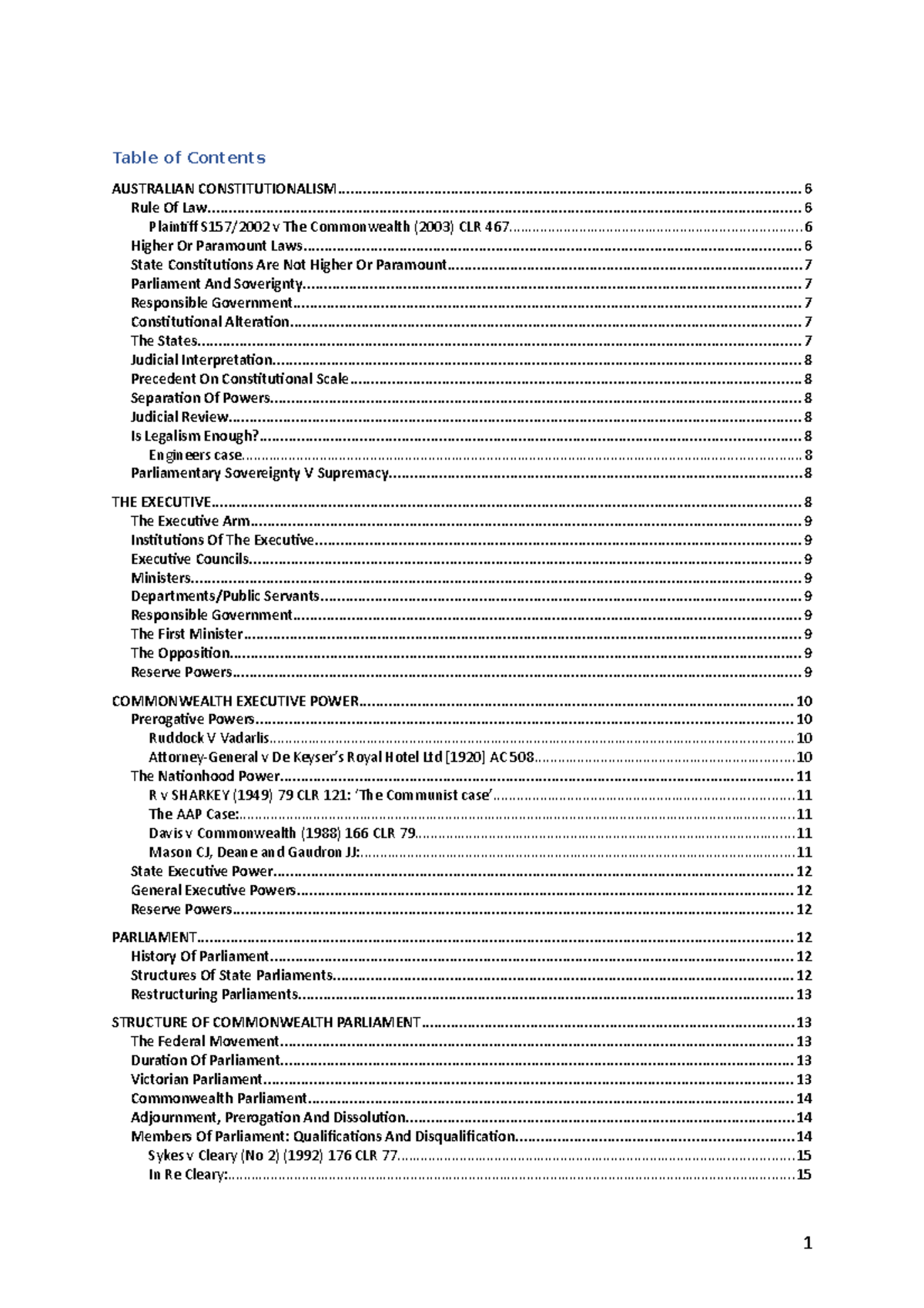 Constitutional Law Notes - Table of Contents AUSTRALIAN - Studocu