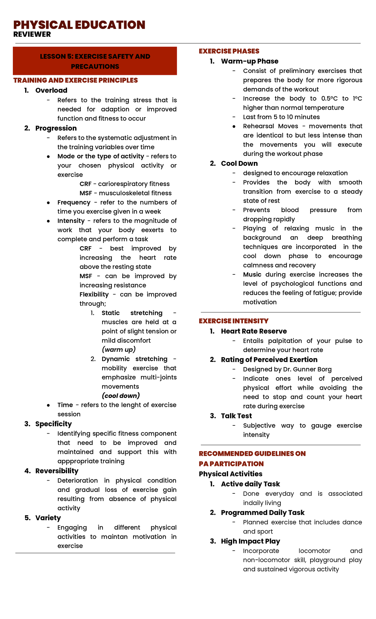 Pe3 finals - PHYSICAL EDUCATION REVIEWER LESSON 5: EXERCISE SAFETY AND ...