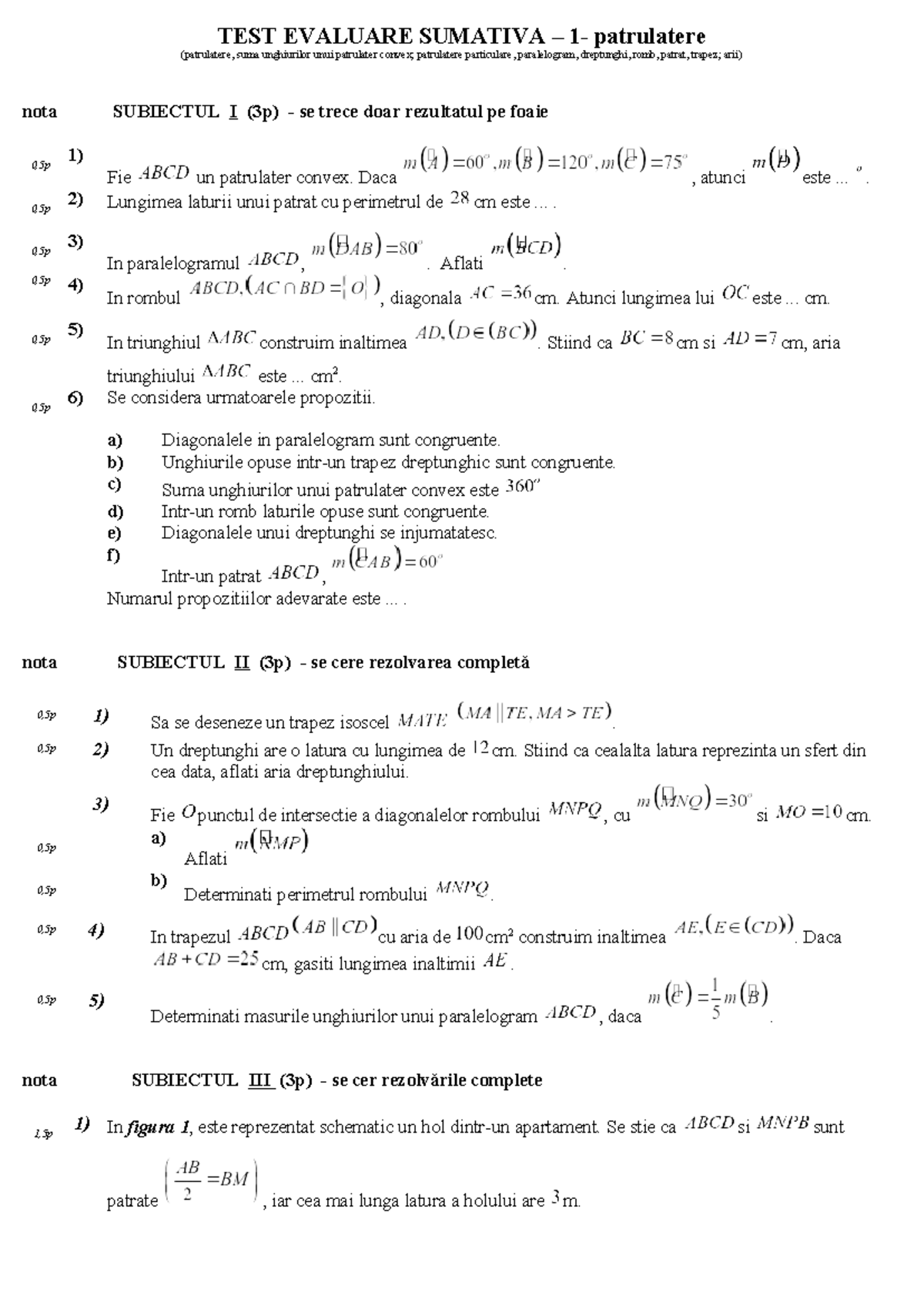 Clasa 7 evaluare sumativa patrulatere 2017 prutescu - TEST EVALUARE ...