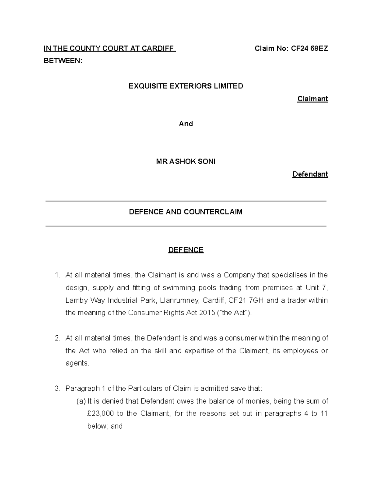 Drafting: Defence and Counterclaim - IN THE COUNTY COURT AT CARDIFF ...
