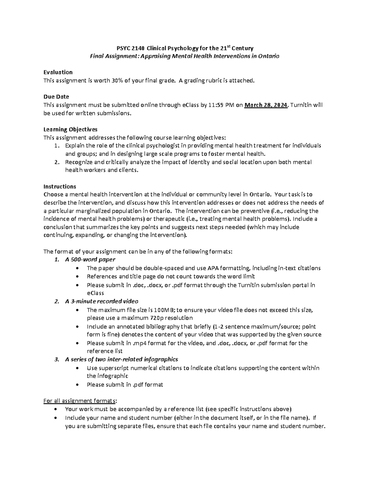 Final Assignment Instructions Rubric v1 - PSYC 2140 Clinical Psychology ...