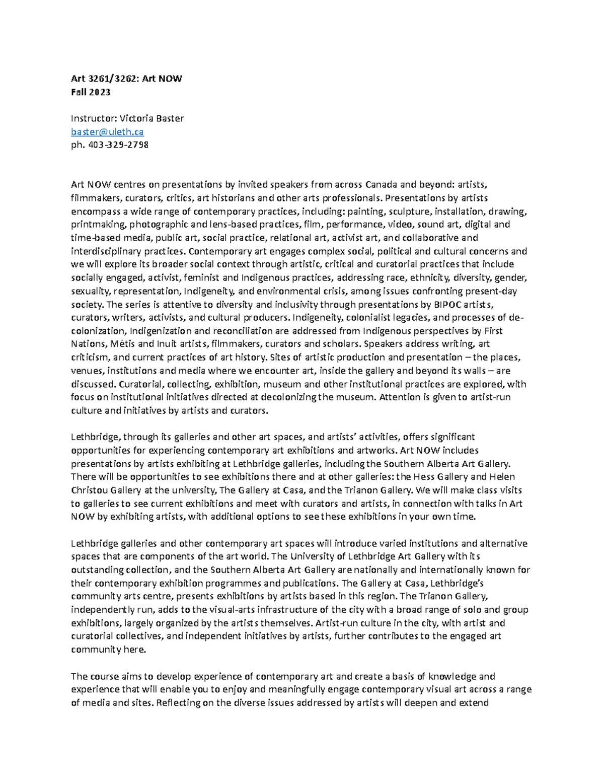 AN Fall 23 outline - note - Art 3261/3262: Art NOW Fall 2023 Instructor ...