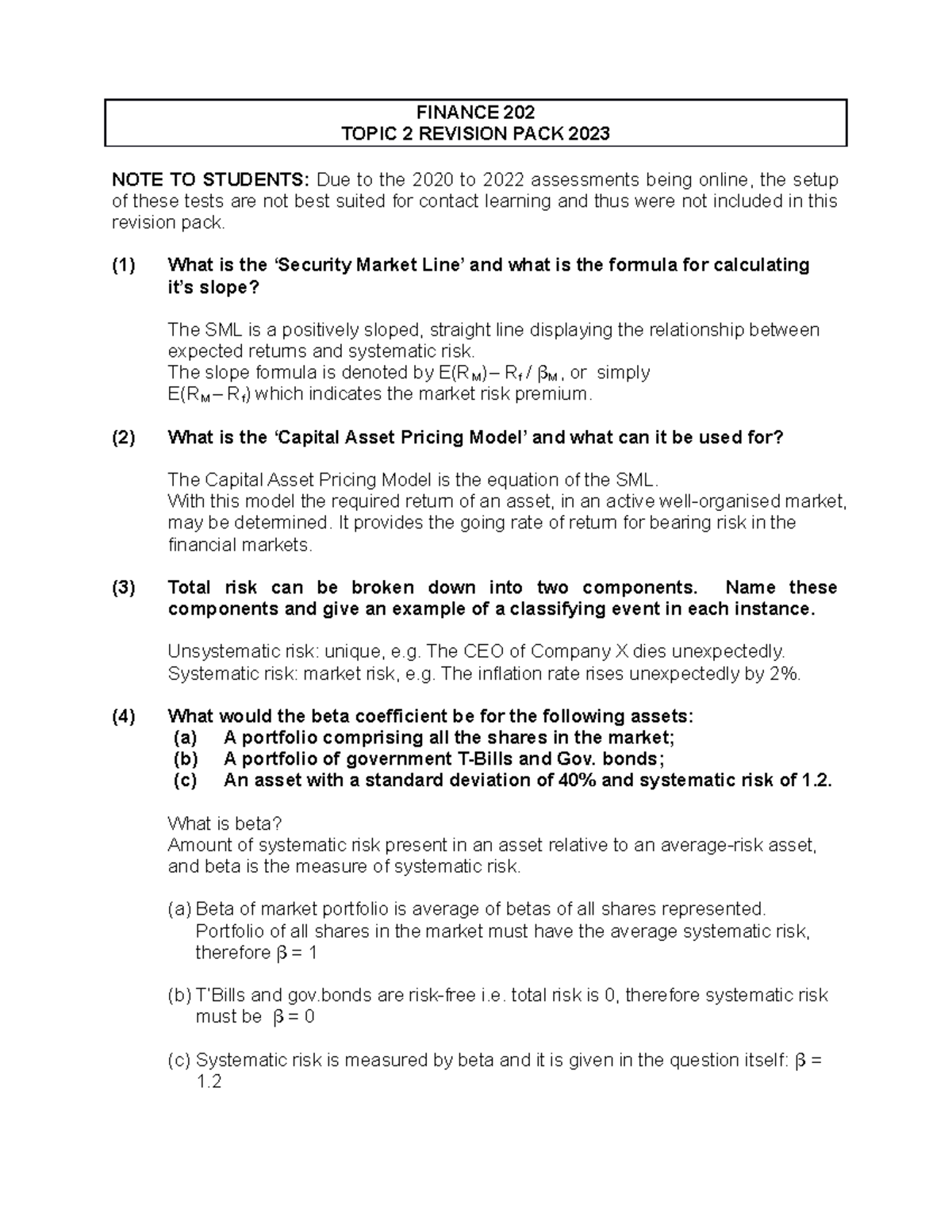 FINA202 Topic 2 Revision pack 2023 - FINANCE 202 TOPIC 2 REVISION PACK 2023 NOTE TO STUDENTS ...
