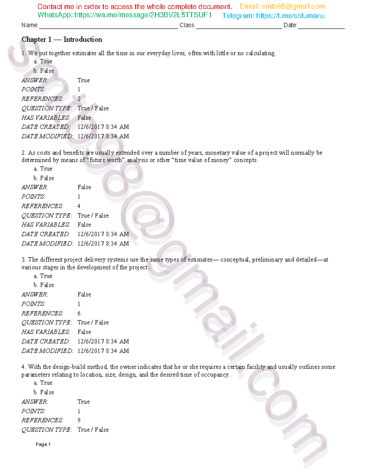 Test Bank Fundamentals of Construction Estimating 4th Edition by Pratt ...