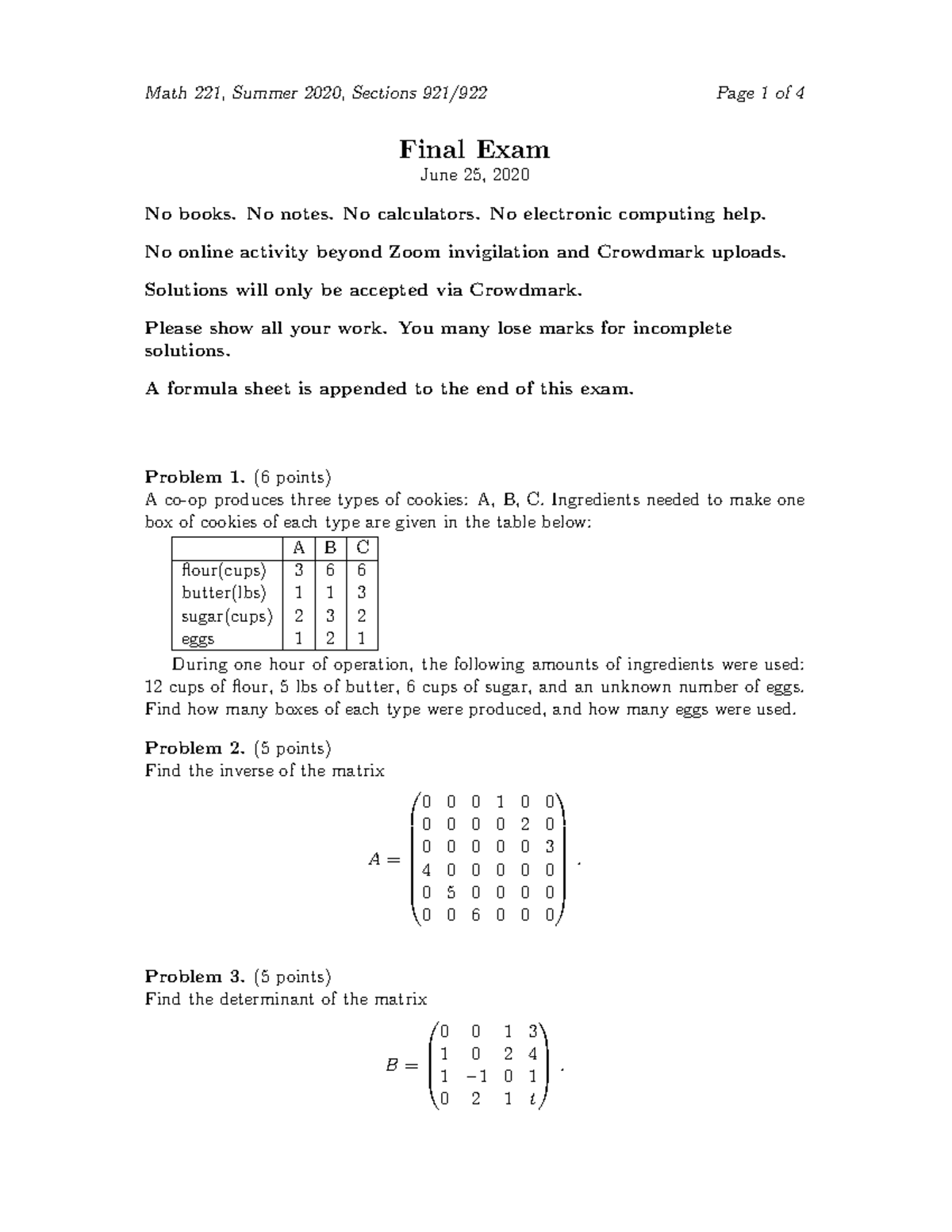 Final 20 - Math 221, Summer 2020, Sections 921/922 Page 1 of 4 Final ...