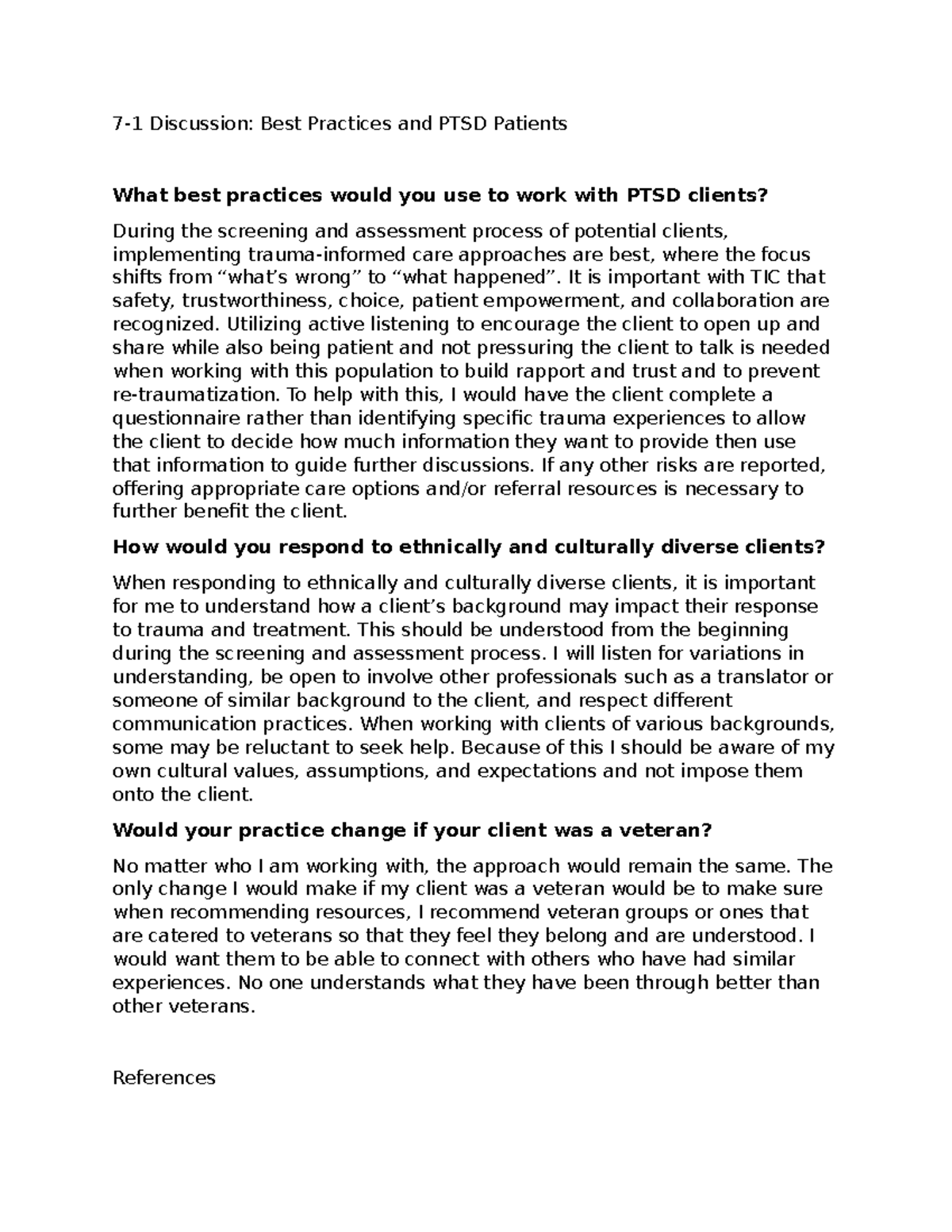 7-1 Discussion Best Practices and PTSD Patients - HSE335 - SNHU - Studocu