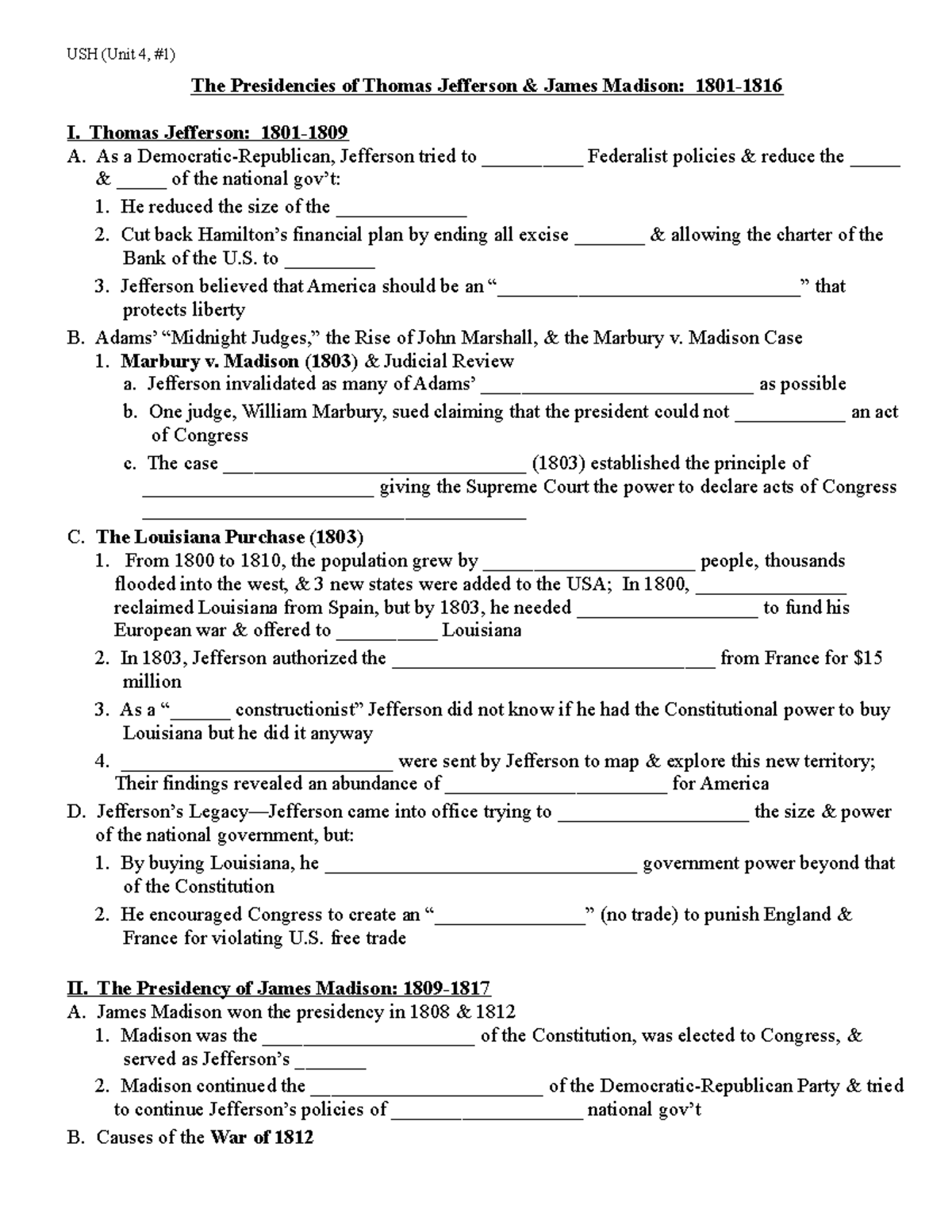 Every type of assignment - USH (Unit 4, #1) The Presidencies of Thomas ...