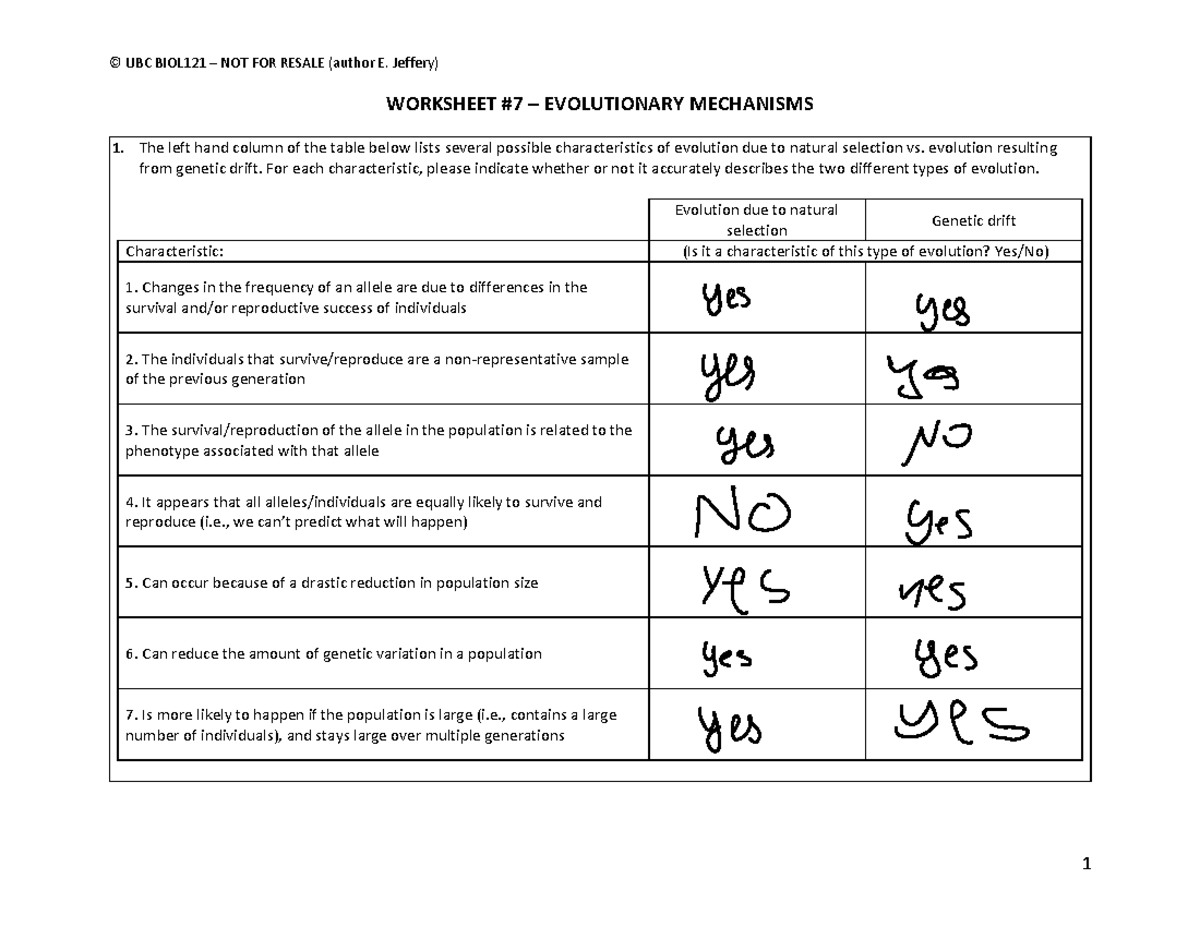 Worksheet #7 - Evolutionary Mechanisms - Natural Selection and Genetic ...