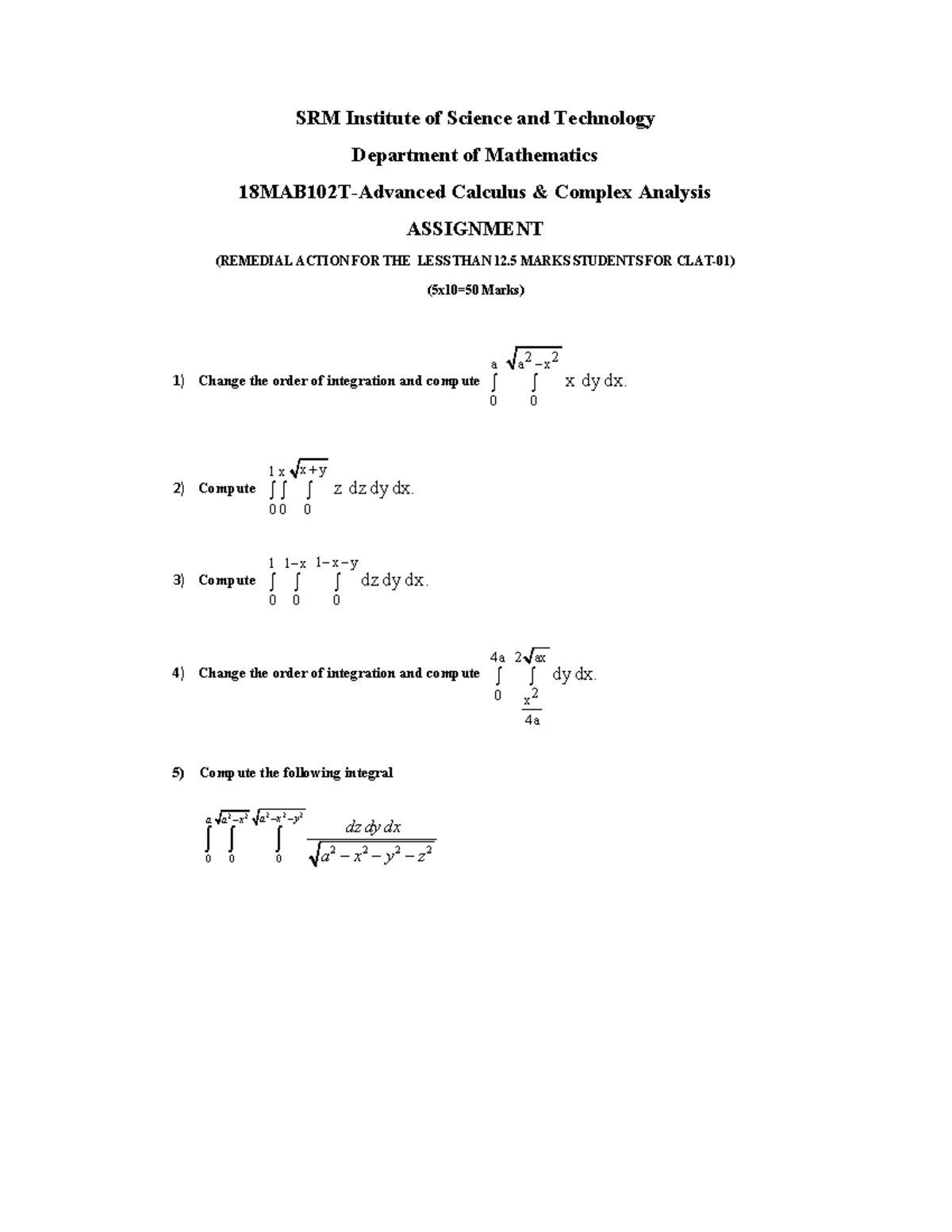 Practice QNS Multiple Integrals - SRM Institute of Science and ...