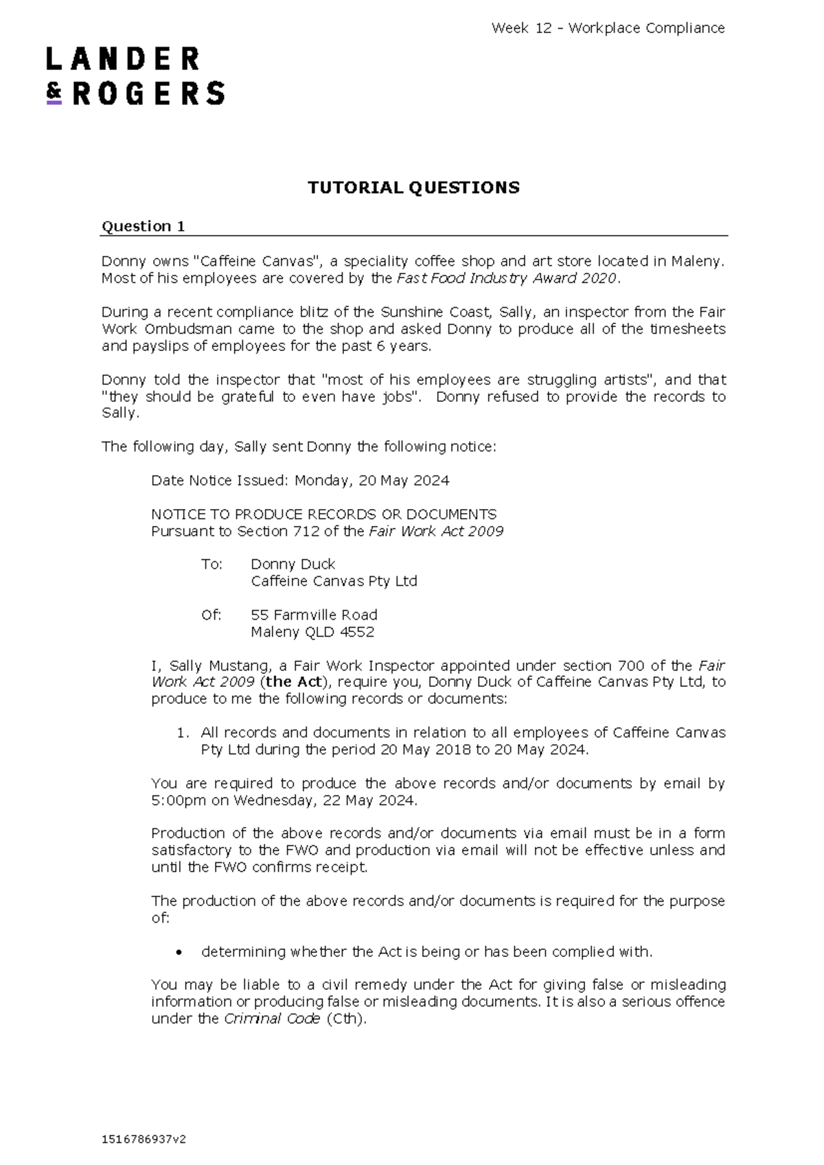 Week 12 - Workplace compliance - Tutorial questions and answers - Week ...