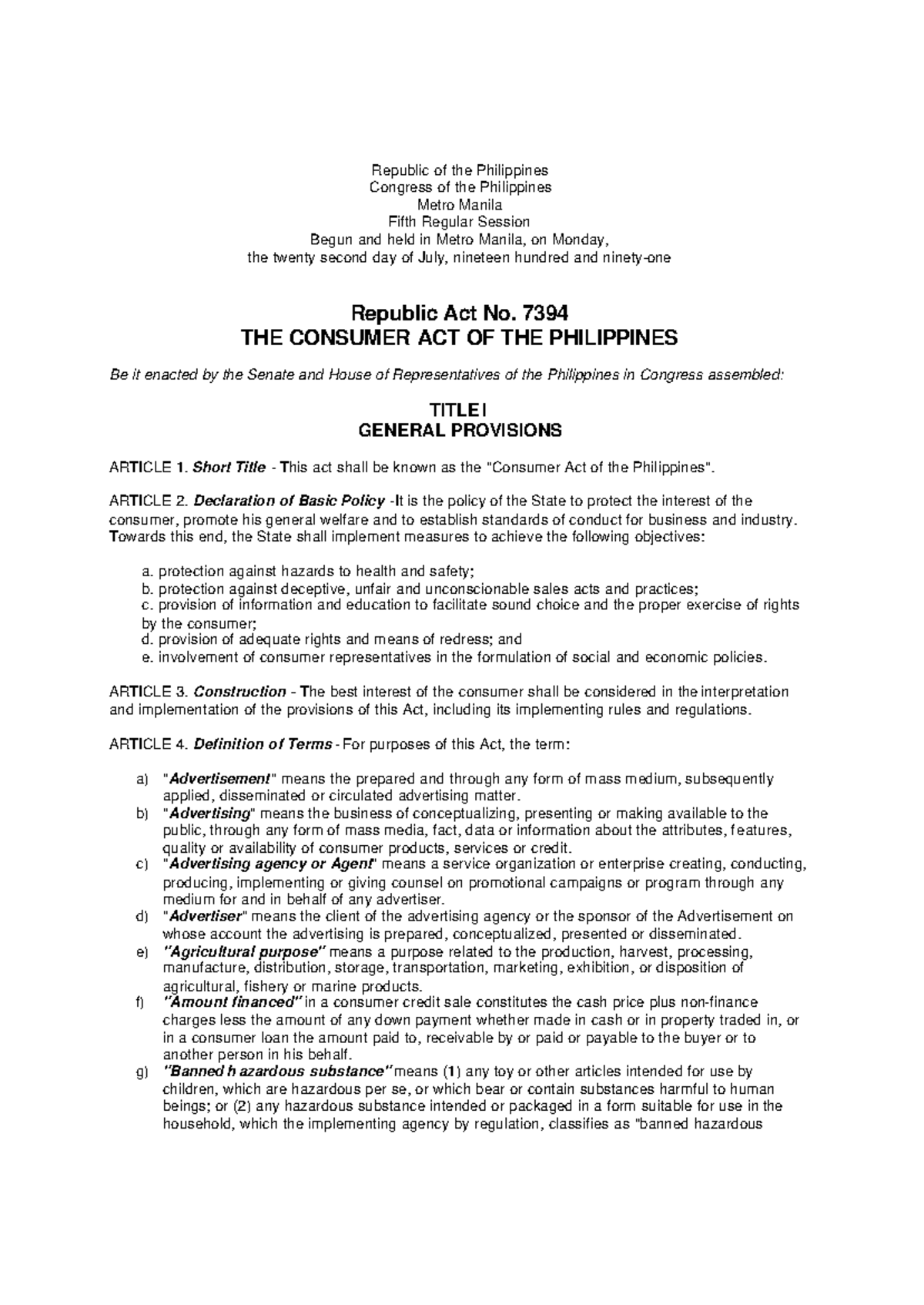 RA 7394 Consumer ACT - Republic of the Philippines Congress of the ...