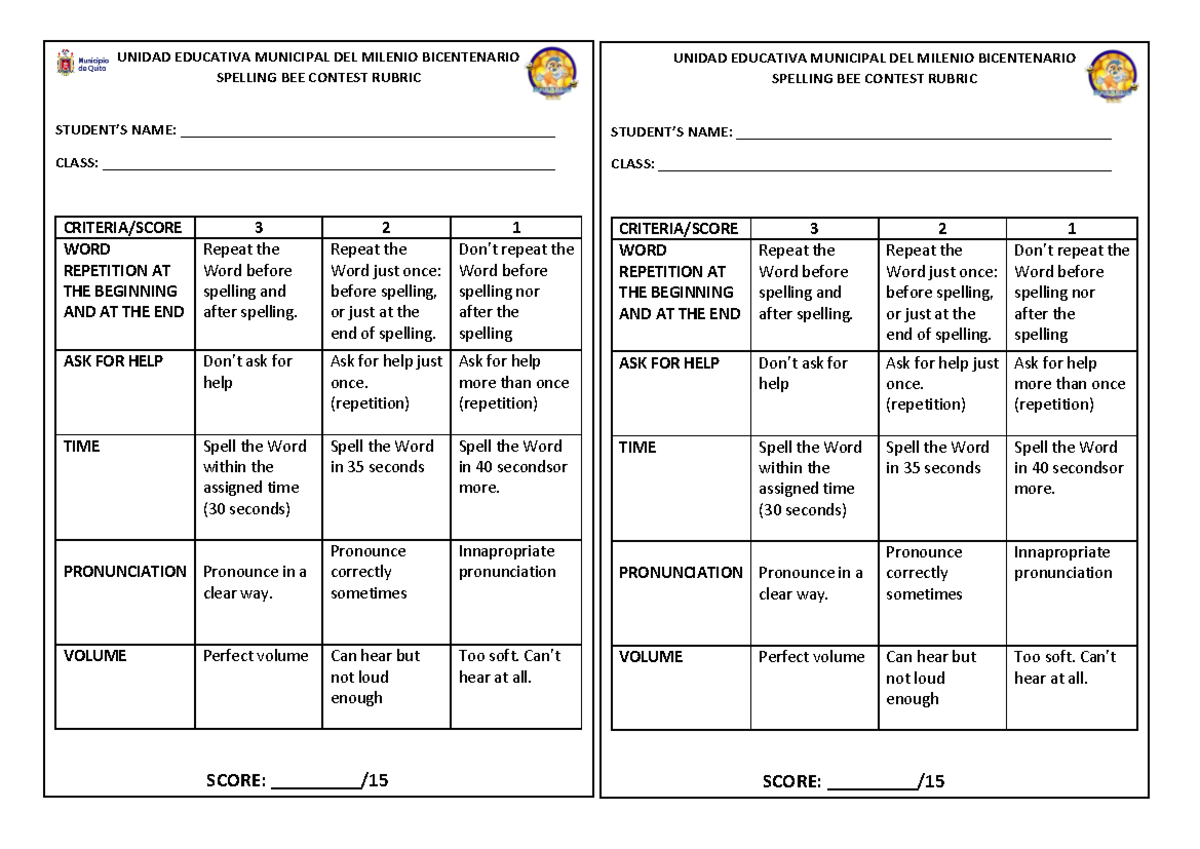 Rúbrica spelling - UNIDAD EDUCATIVA MUNICIPAL DEL MILENIO BICENTENARIO ...