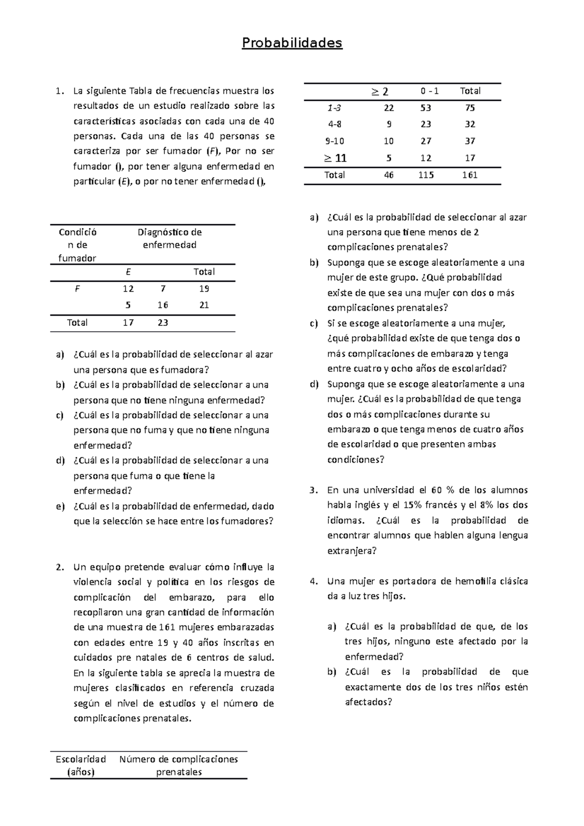 Probabilidad tablas de contingencia - Probabilidades La siguiente Tabla ...