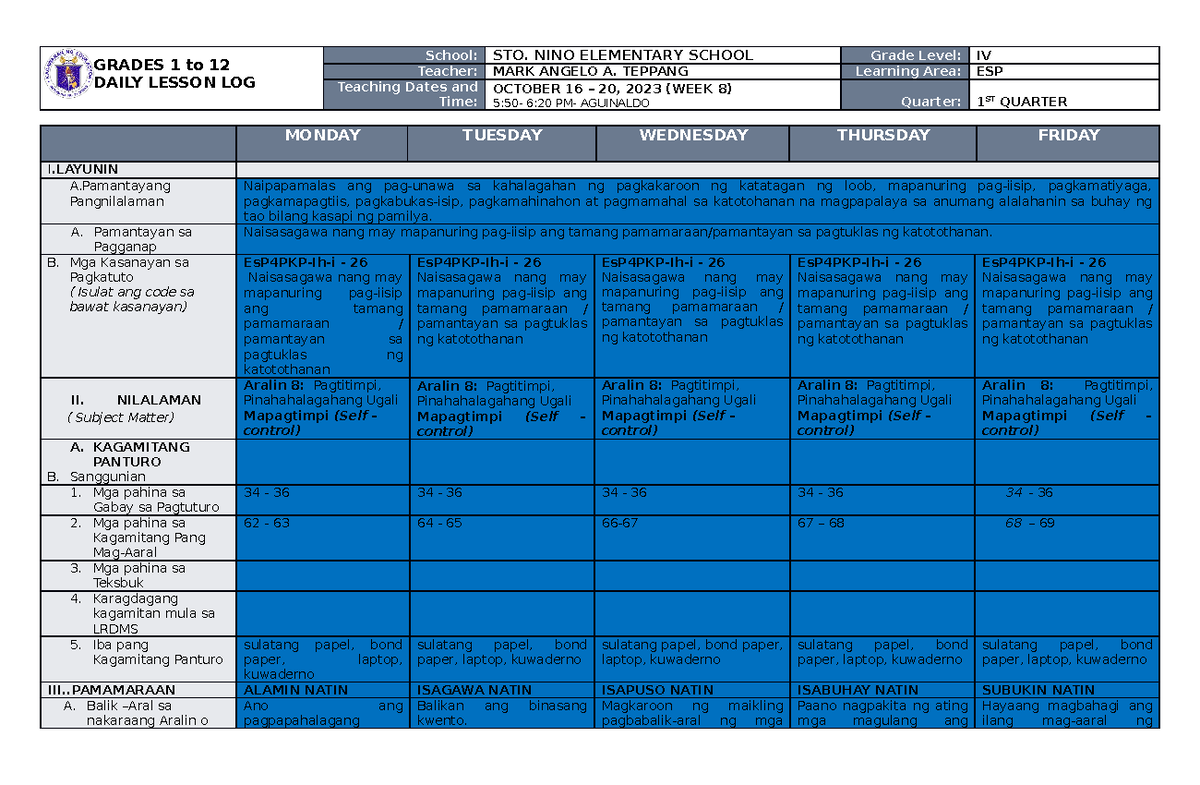 DLL ESP 4 Q1 W8 - DLL - GRADES 1 to 12 DAILY LESSON LOG School: STO ...