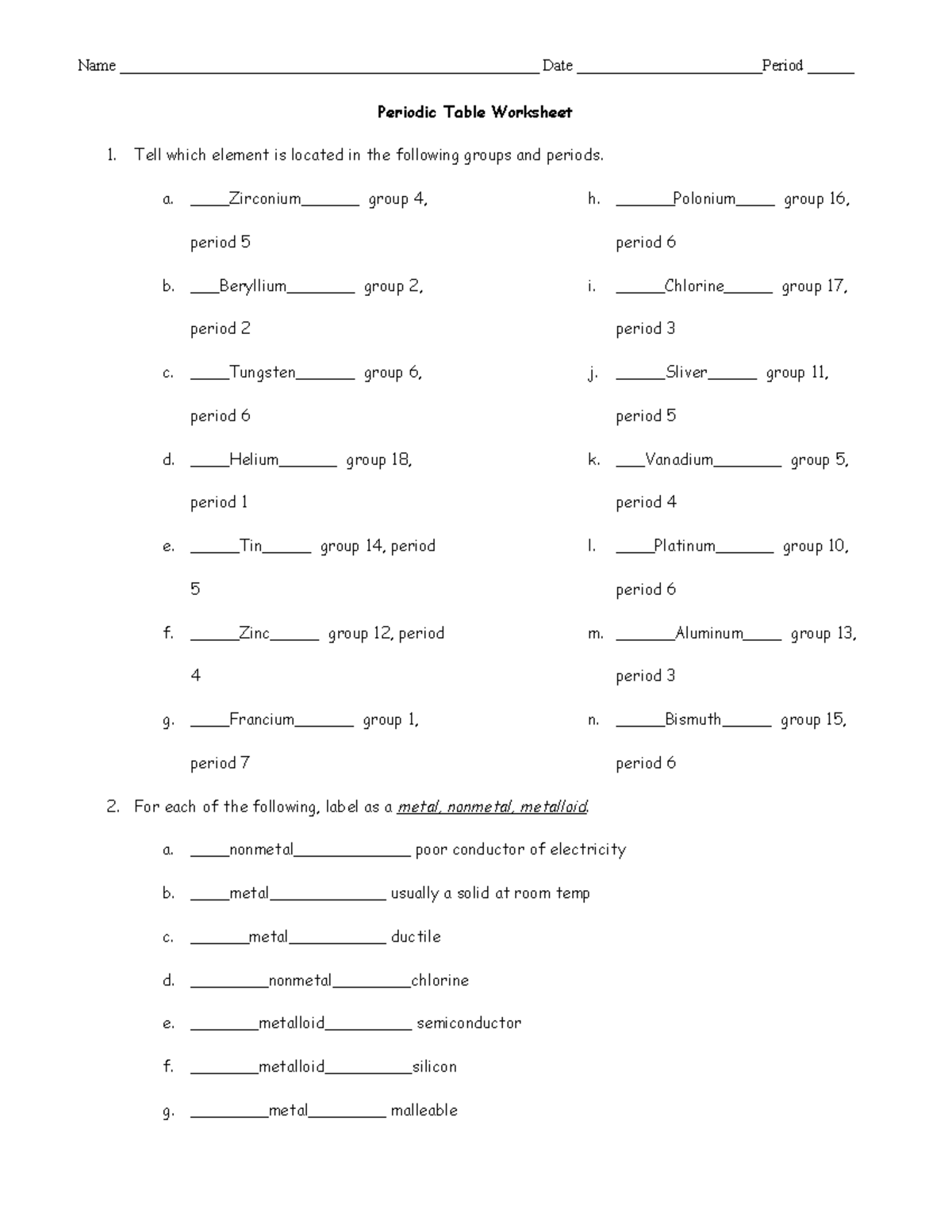 Periodic Table Problem Set - Name ...